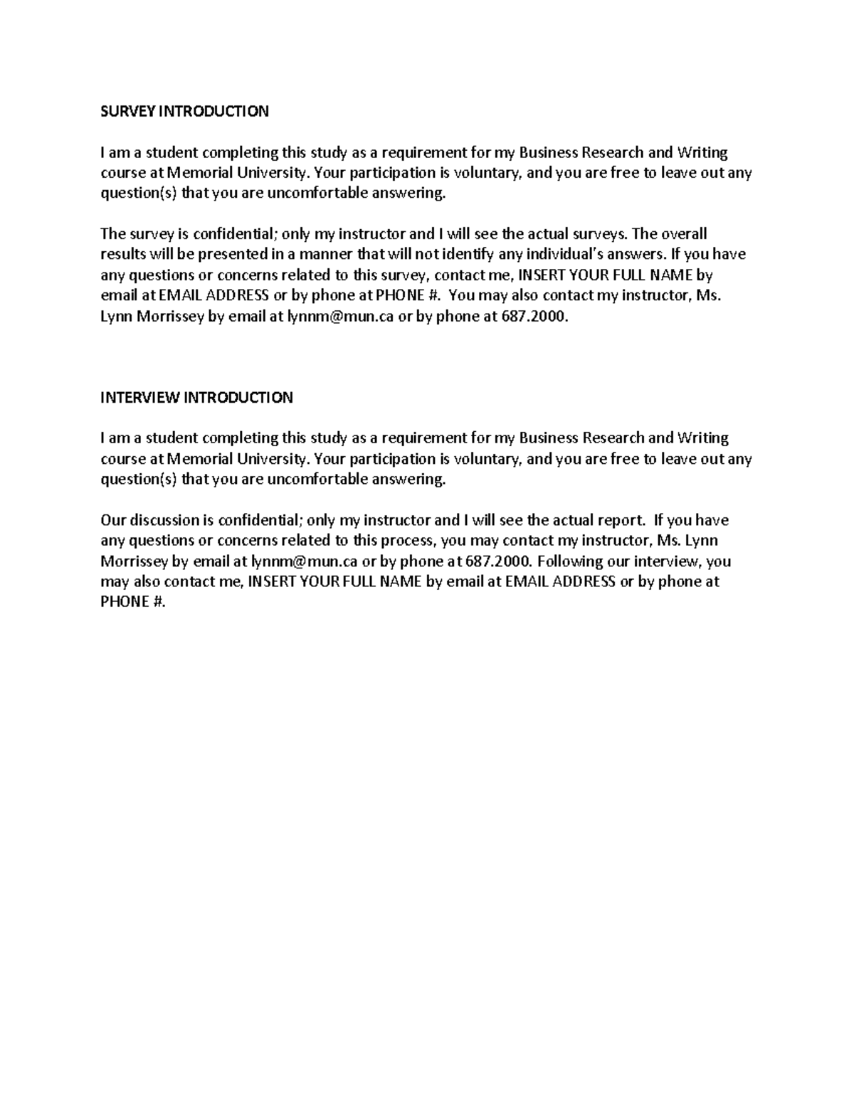 B2010 Ethics Survey and Interview Introduction - SURVEY INTRODUCTION I ...