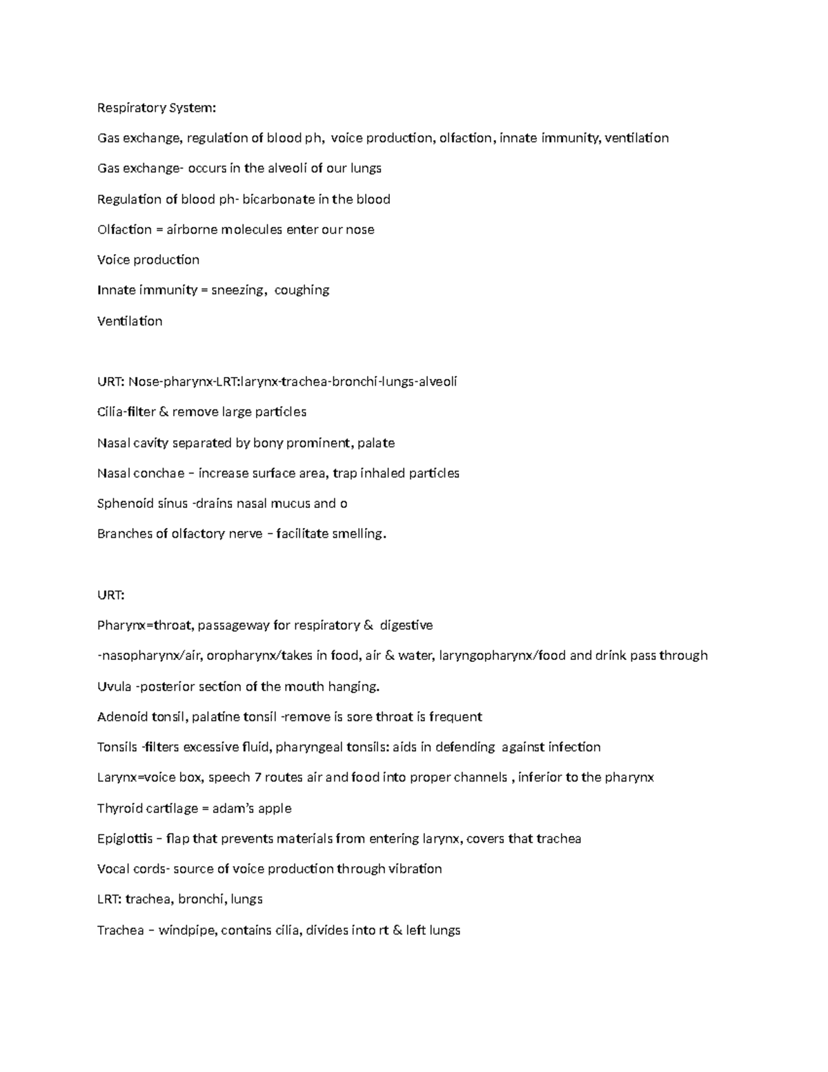 Reviewer - Respiratory System: Gas exchange, regulation of blood ph ...