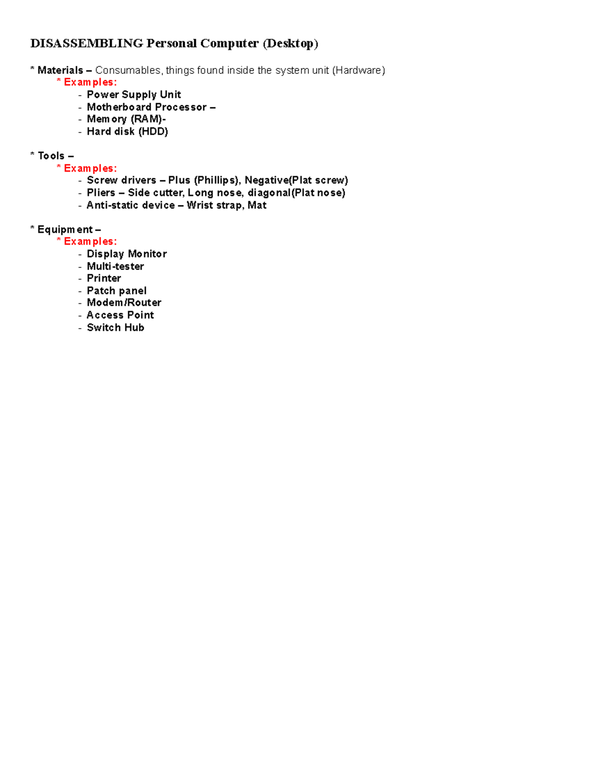 Computer Materials Specifications Examples - DISASSEMBLING Personal ...