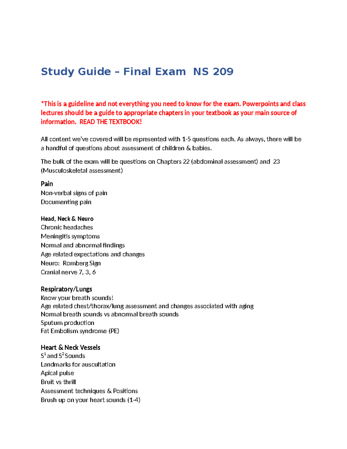 Study Guide for final - Study Guide – Final Exam NS 209 *This is a ...
