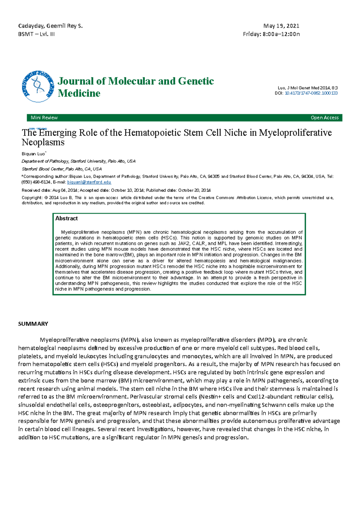 Hematology II Journal Finals - ISSN: 1747- Cadayday, Geemil Rey S. May ...
