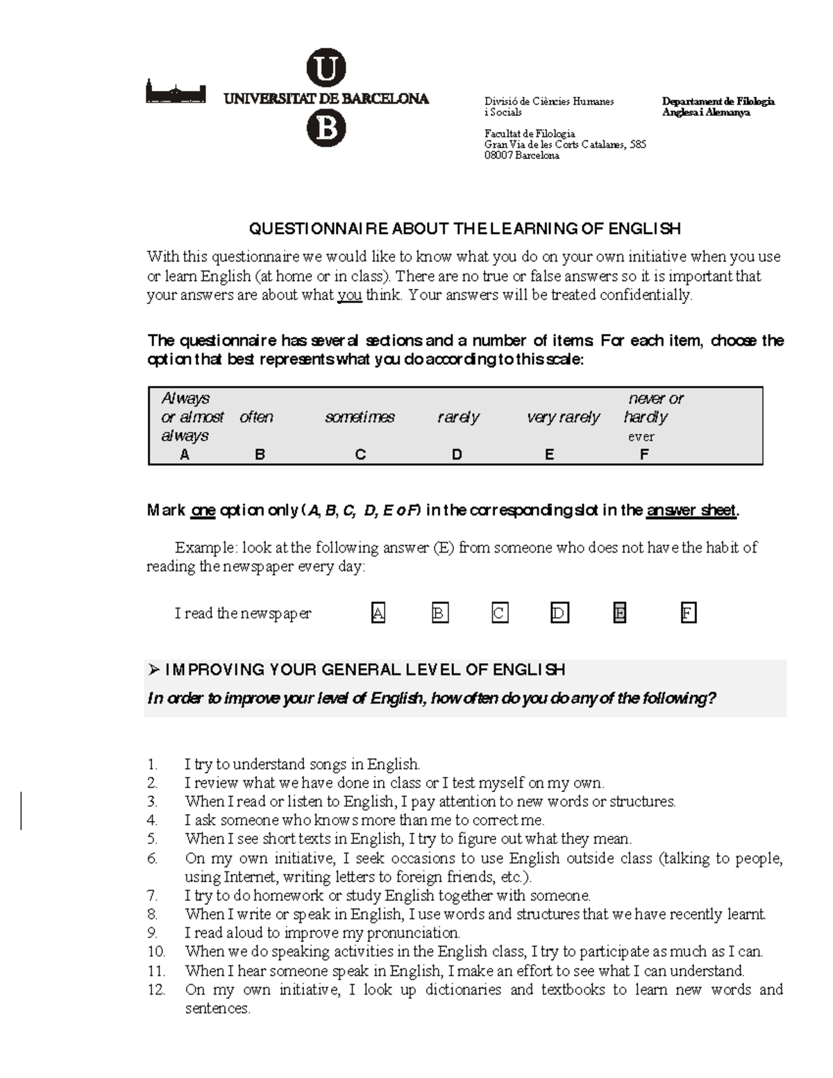 Foreign language learning strategies questionnaire in english by m ...