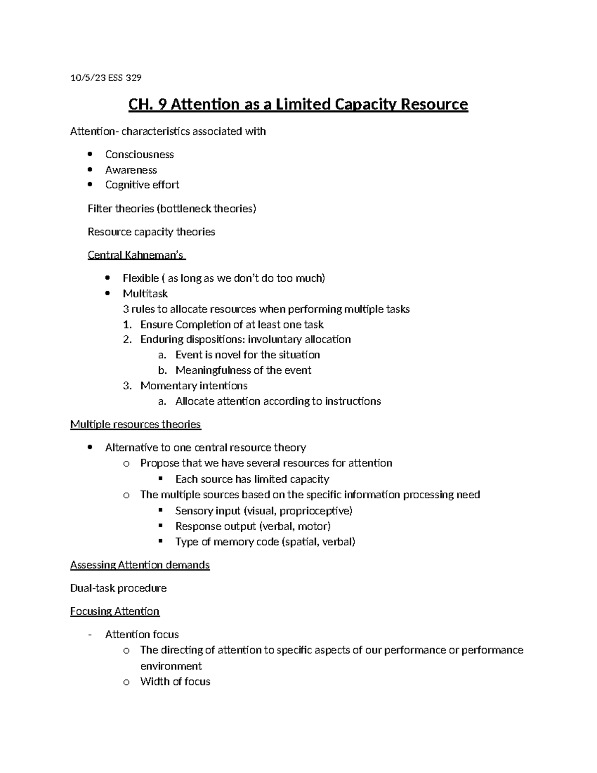 Ch. 9 notes - 10/5/23 ESS 329 CH. 9 Attention as a Limited Capacity ...