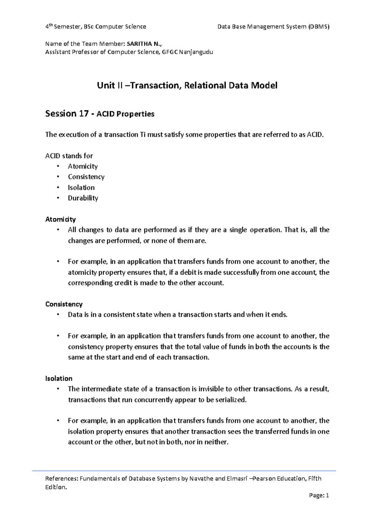 DBMS Unit2 Session 17 ACID - 4 th Semester, BSc Computer Science Data Base Management System ...