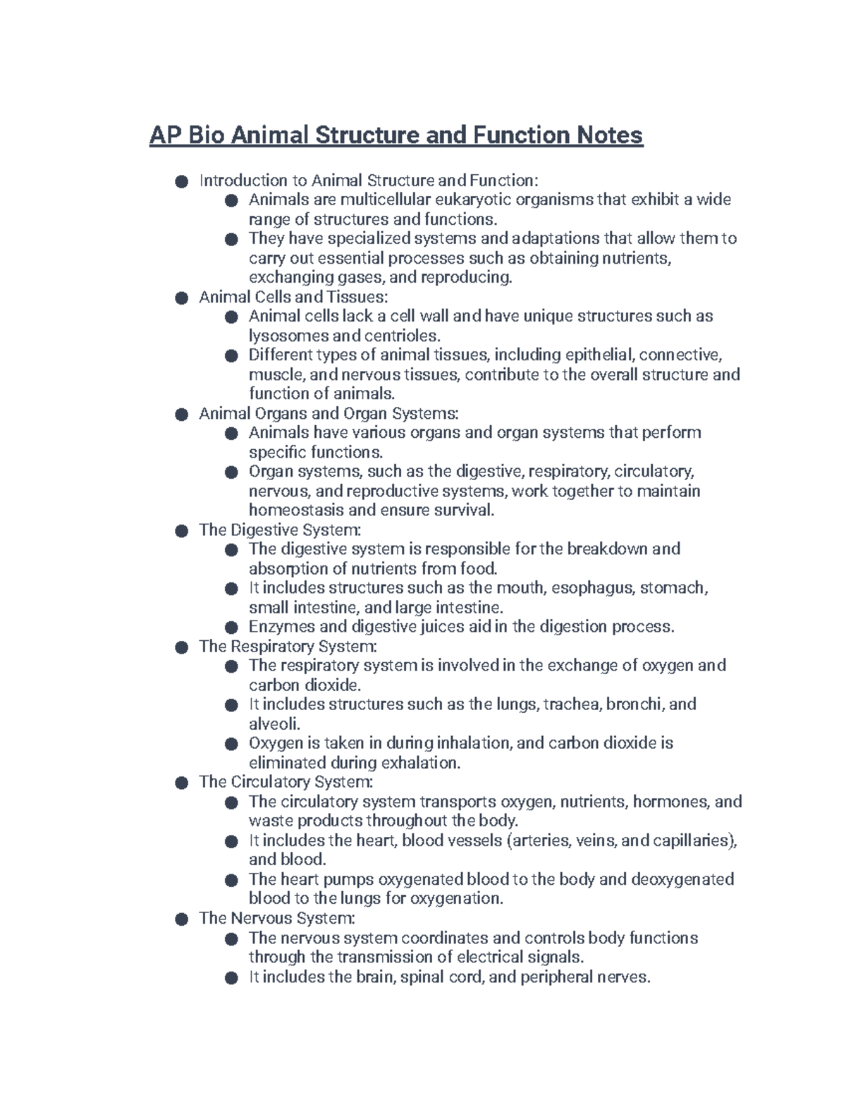 AP Bio Animal Structure and Function Notes - They have specialized ...