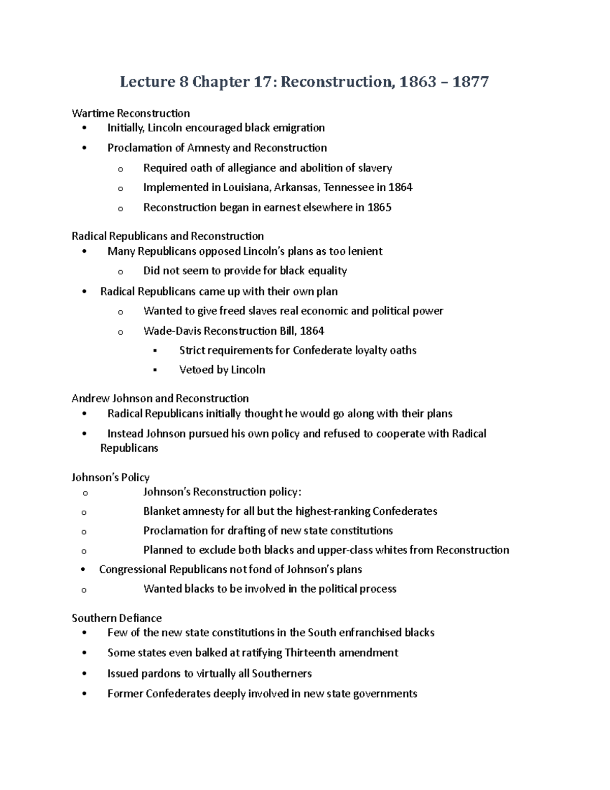 HIST 180 Lecture 8 - Lecture 8 Chapter 17: Reconstruction, 1863 – 1877 ...