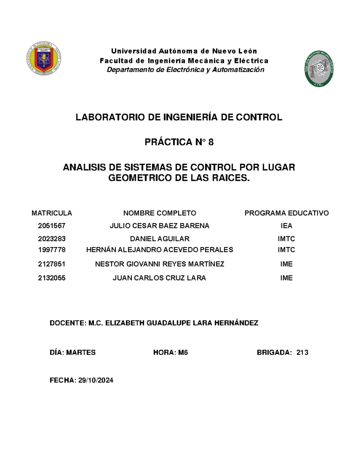 LAB Ingenieria de control P8 - Universidad Autónoma de Nuevo León Facultad de Ingeniería ...