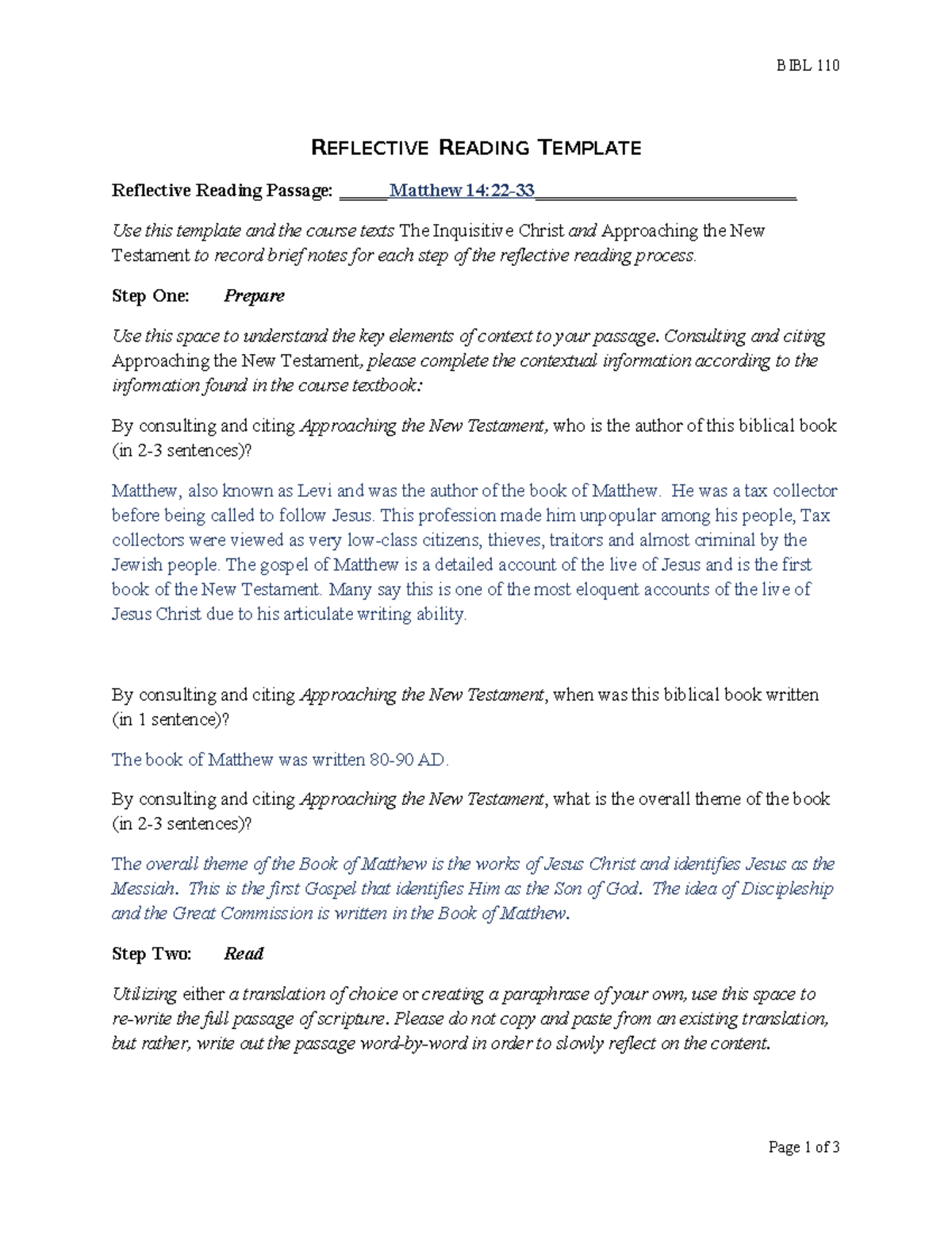 Reflective Reading - BIBL 110 REFLECTIVE READING TEMPLATE Reflective ...
