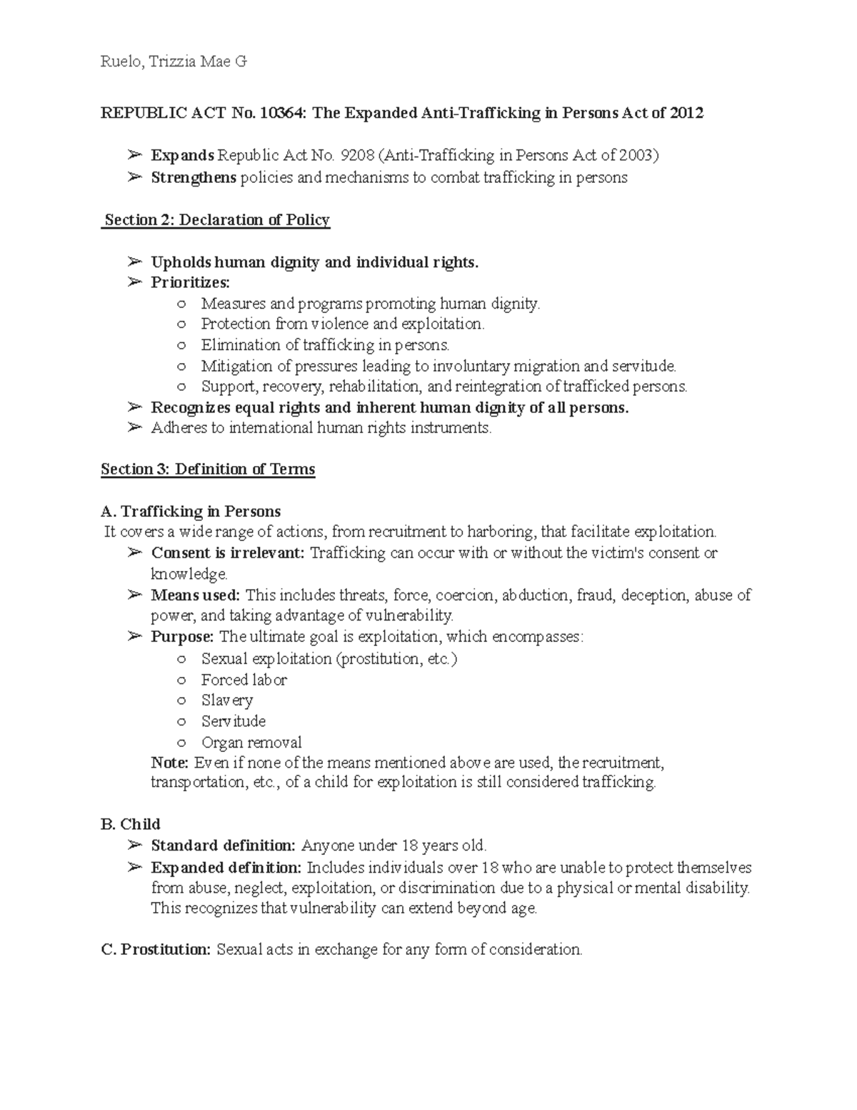 RA No. 9208 as amended by RA No. 10364 - Ruelo, Trizzia Mae G REPUBLIC ...