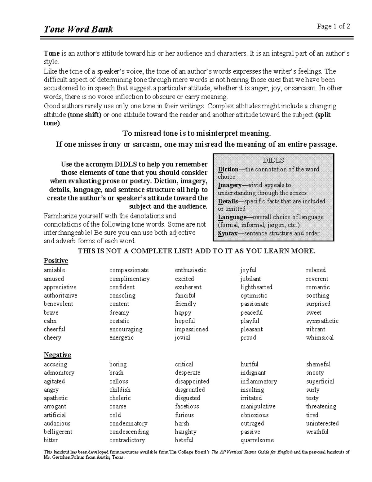 2. Tone - Word bank - :))))))))) - Tone Word Bank Page 1 of 2 This ...