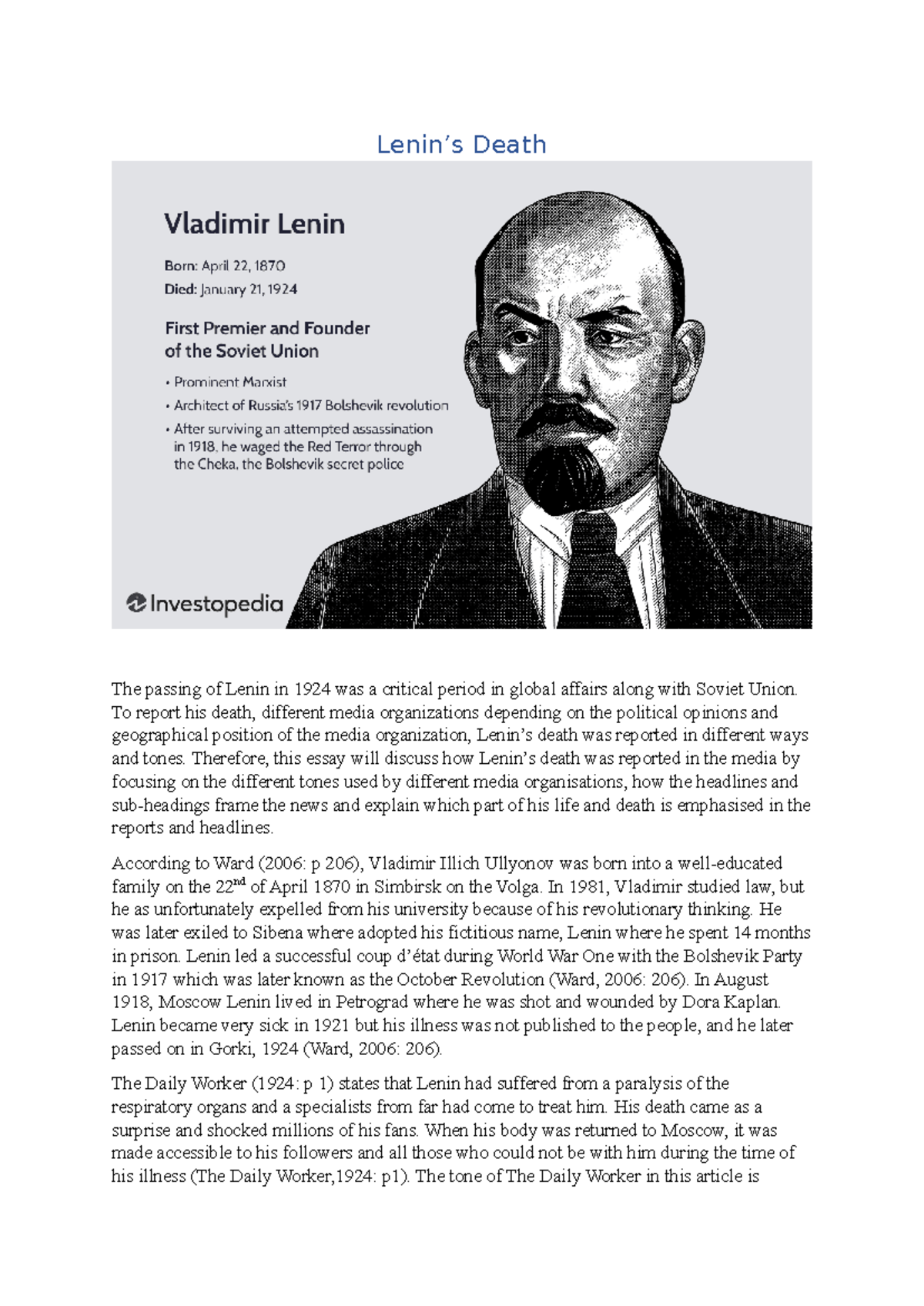 Writing History Research GES 110 - Lenin’s Death The passing of Lenin ...