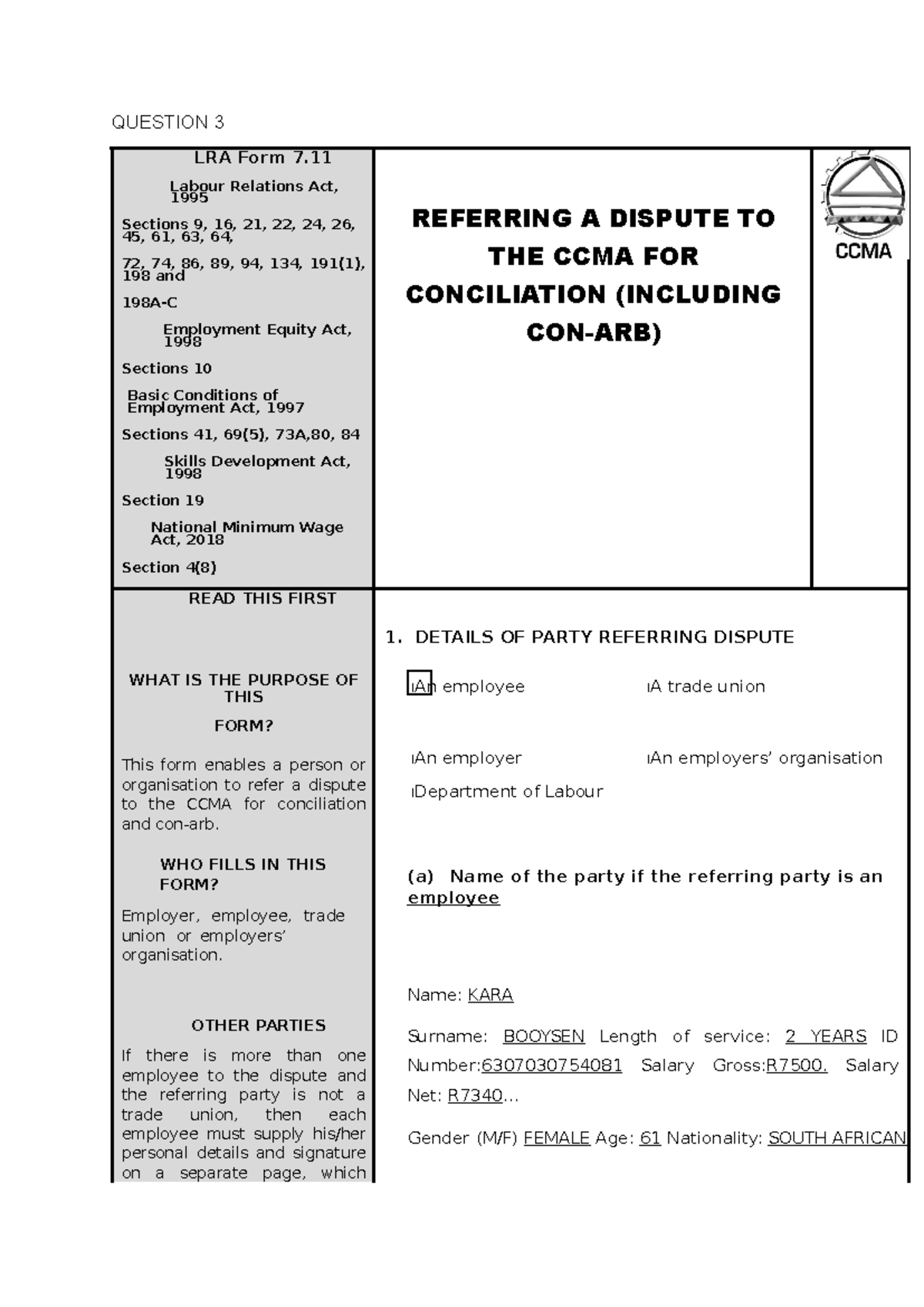 LLAB Assignment Semester 2 - QUESTION 3 LRA Form 7. REFERRING A DISPUTE ...