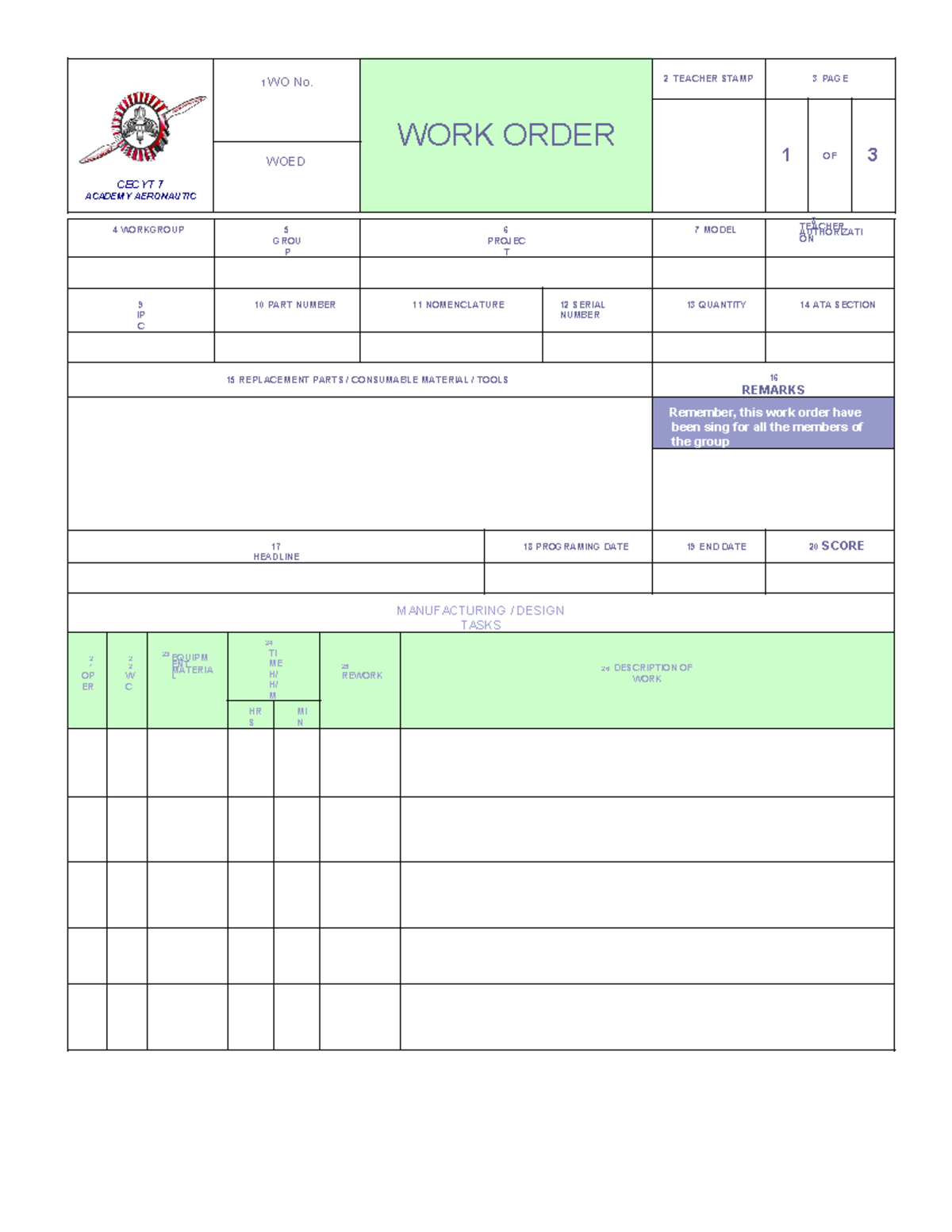 Formato Work Order - bbbk - CECYT 7 ACADEMY AERONAUTIC 1 WO No. WORK ...