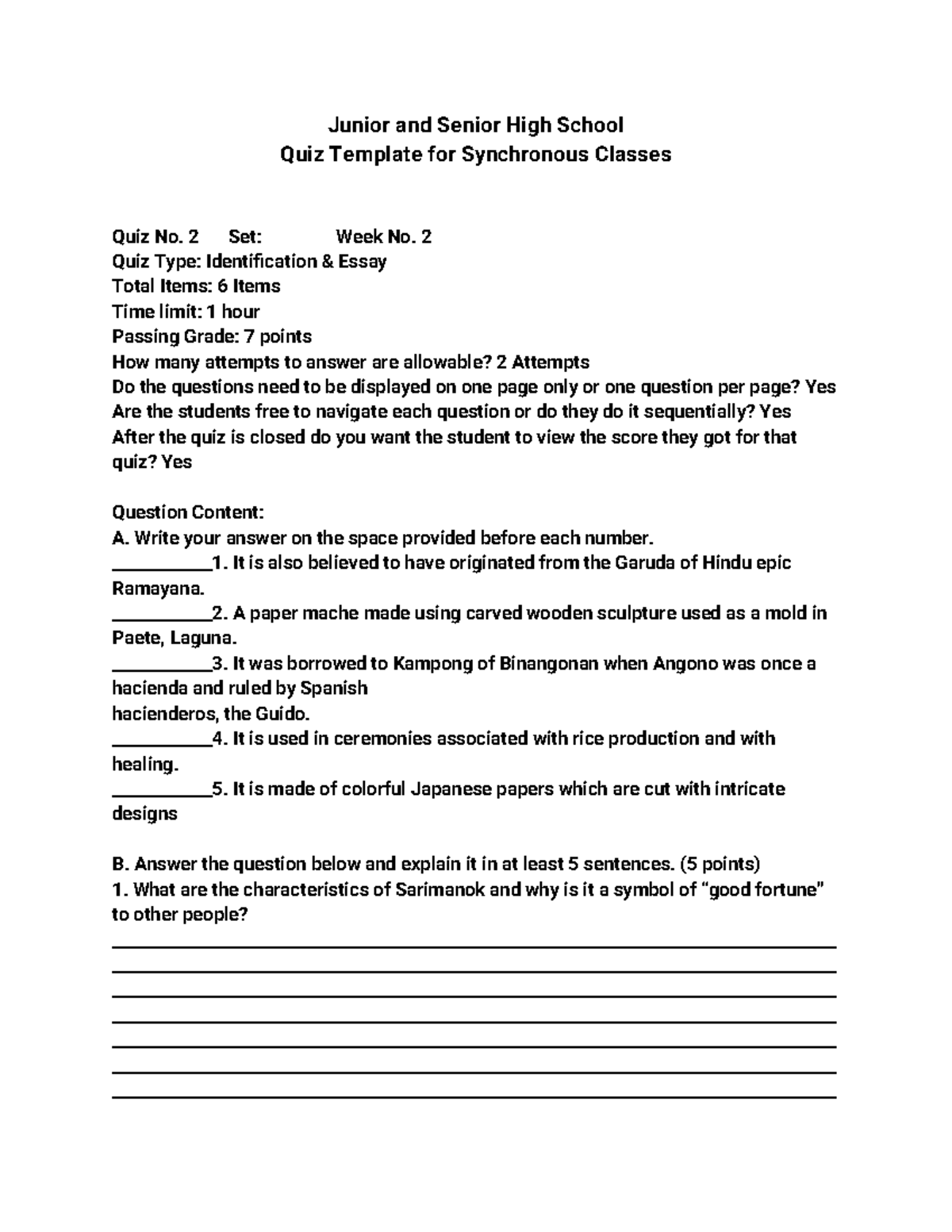 Contemporary Arts Quiz No - Junior and Senior High School Quiz Template ...