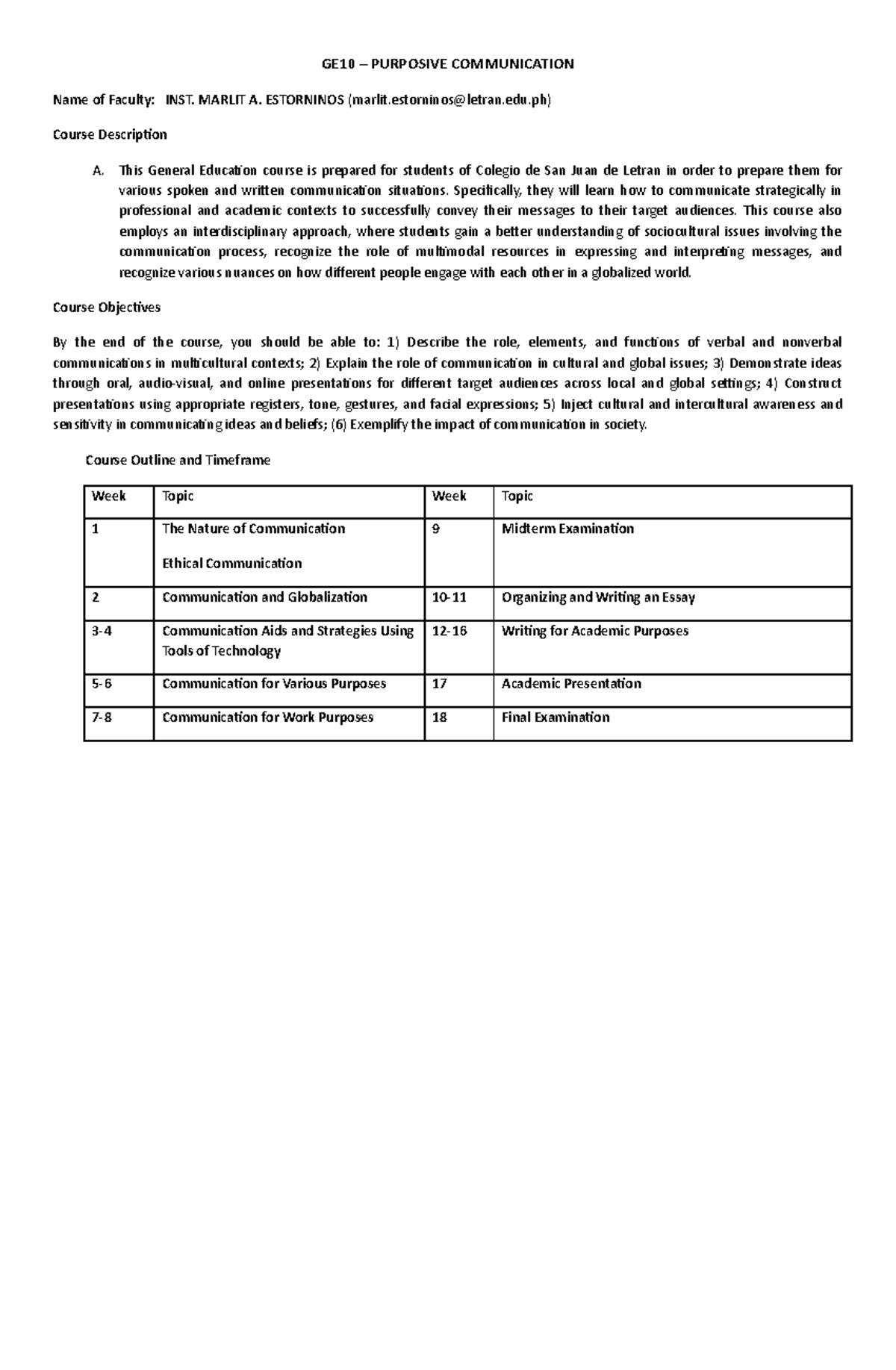 GE10 English Course Outline - GE10 – PURPOSIVE COMMUNICATION Name of ...