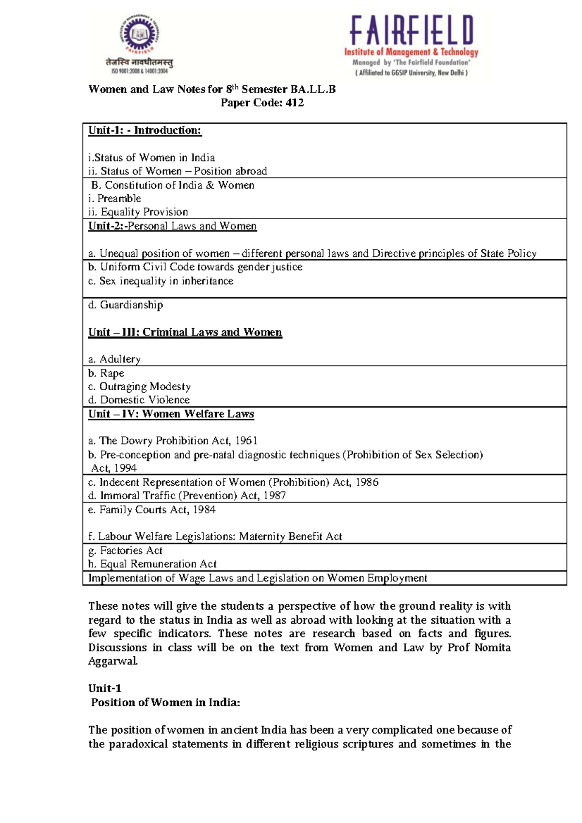 Ballb 412 - ipr notes - Women and Law Notes for 8th Semester BA.LL ...