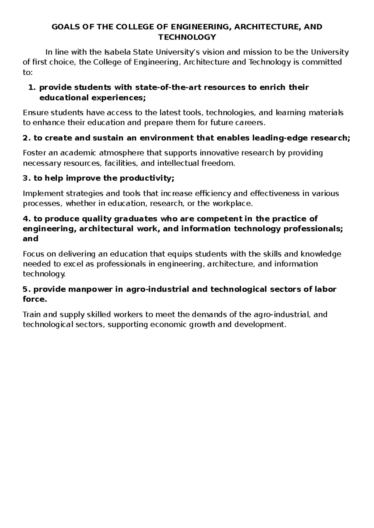 Goals OF THE College OF Engineering - GOALS OF THE COLLEGE OF ...