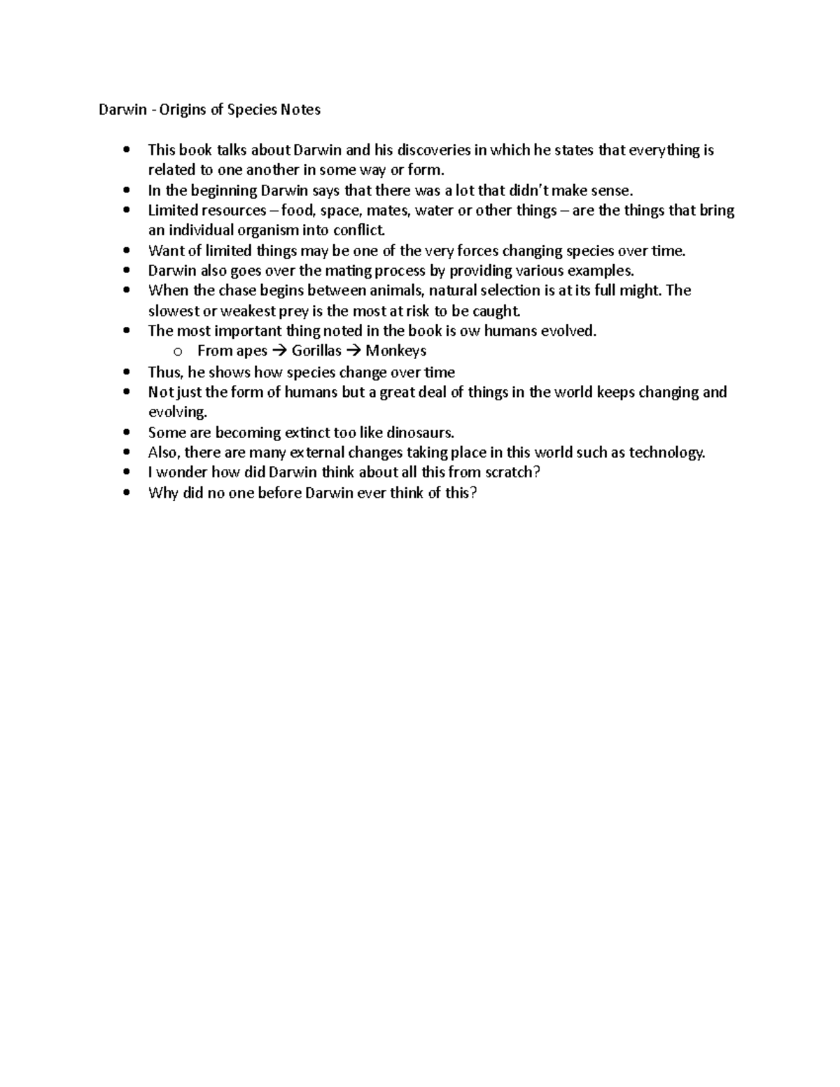 Darwin notes - Darwin - Origins of Species Notes This book talks about ...