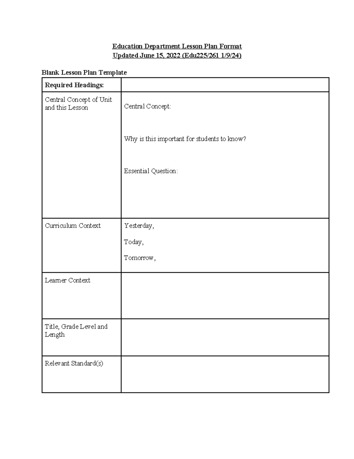 22FA Lesson Plan Blank Template - Education Department Lesson Plan ...