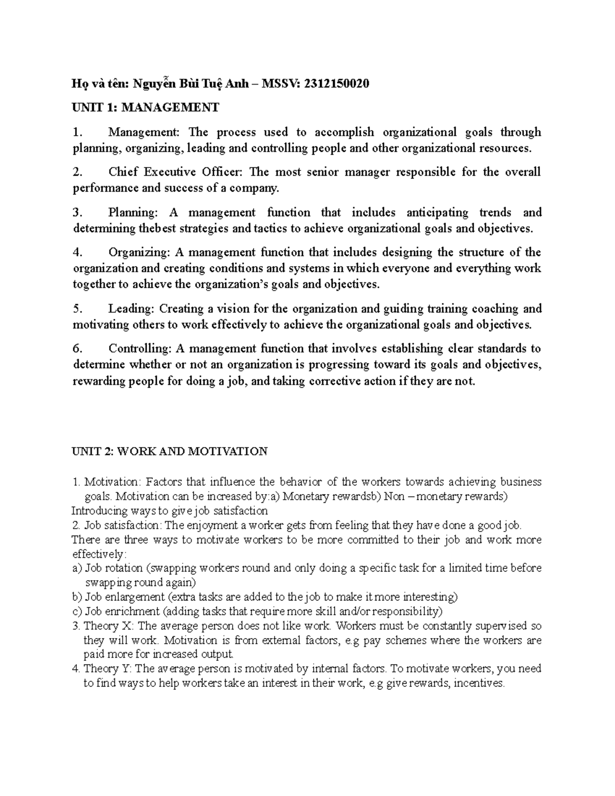 U1-2-3 - TACN - Họ và tên: Nguyễn Bùi Tuệ Anh – MSSV: 2312150020 UNIT 1: MANAGEMENT 1 ...