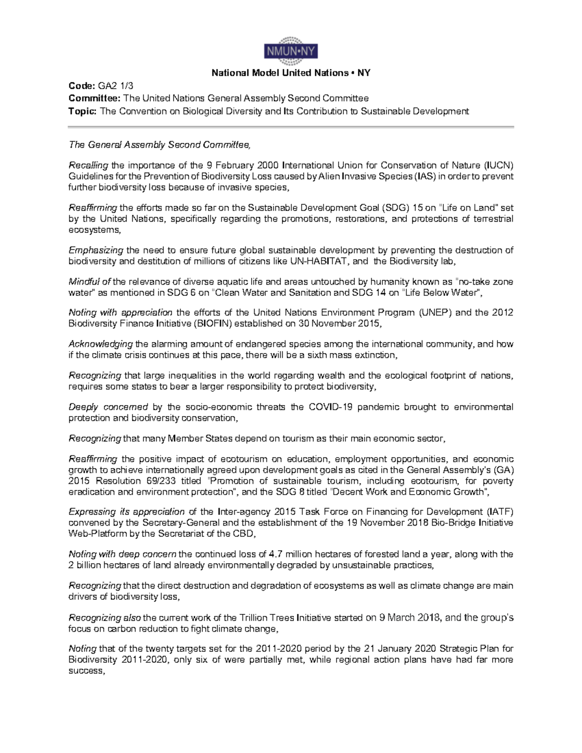 Working Paper 5 - National Model United Nations " NY Code: GA2 1 ...