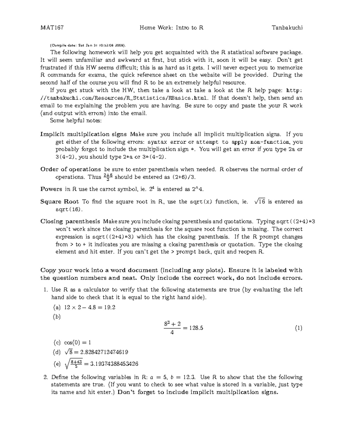 Statistics (MAT167) - Homework - Intro to R - Questions and Solutions ...