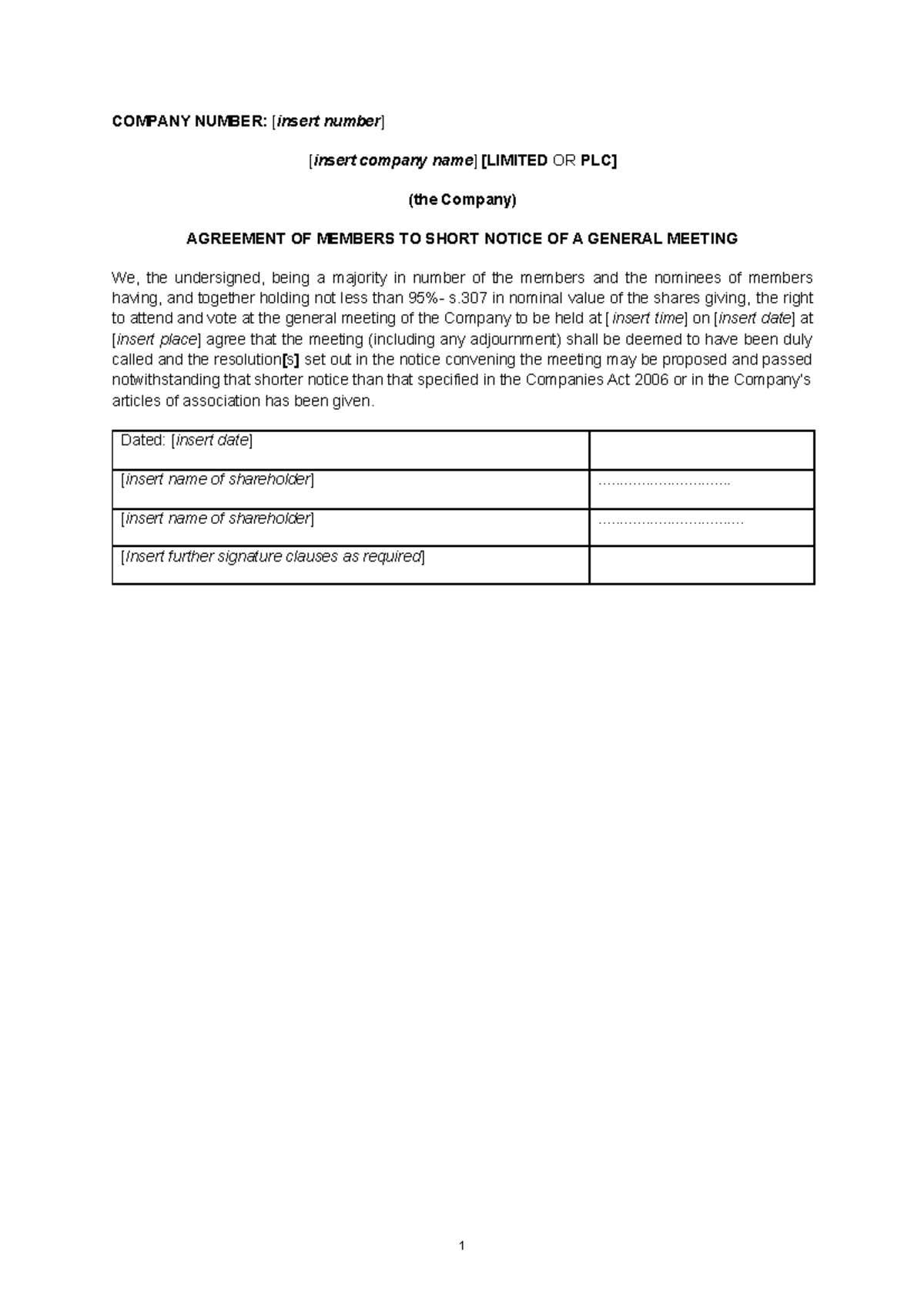 Consent to short notice of a general meeting of a private company or ...