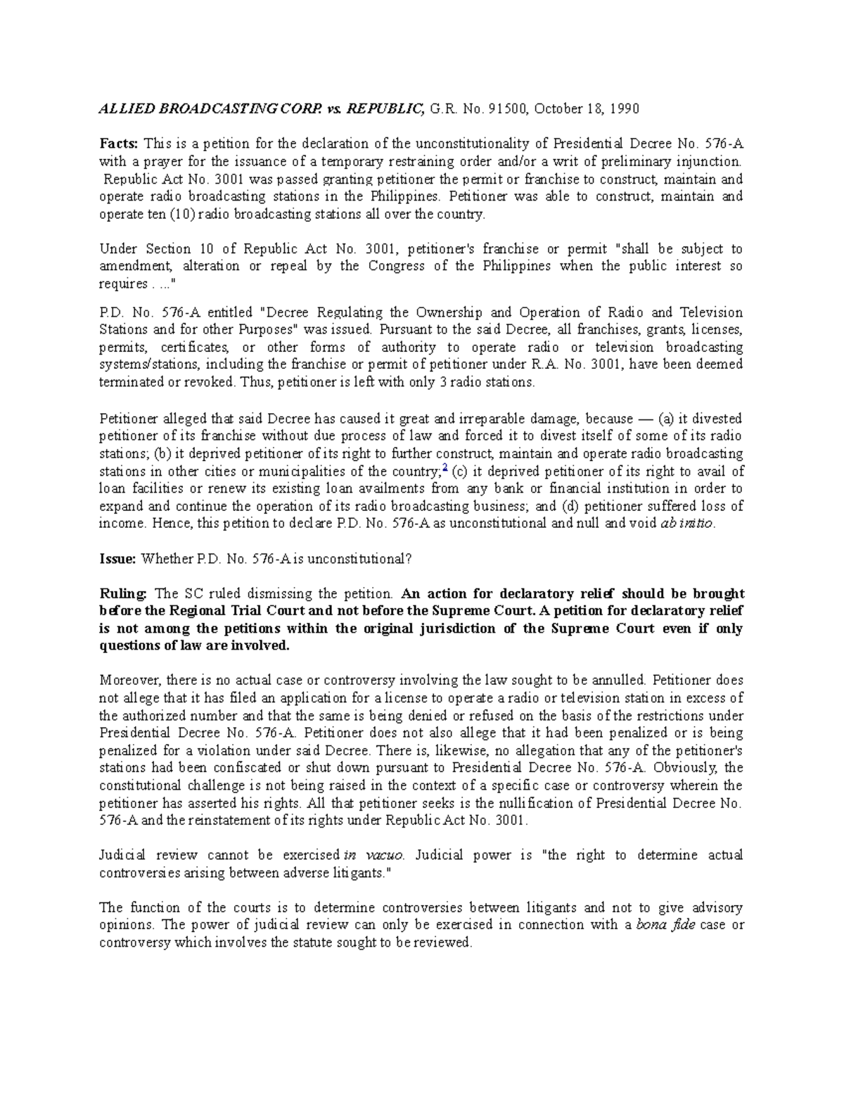 Allied Broadcasting CORP vs Republic, GR 91500 - ALLIED BROADCASTING ...
