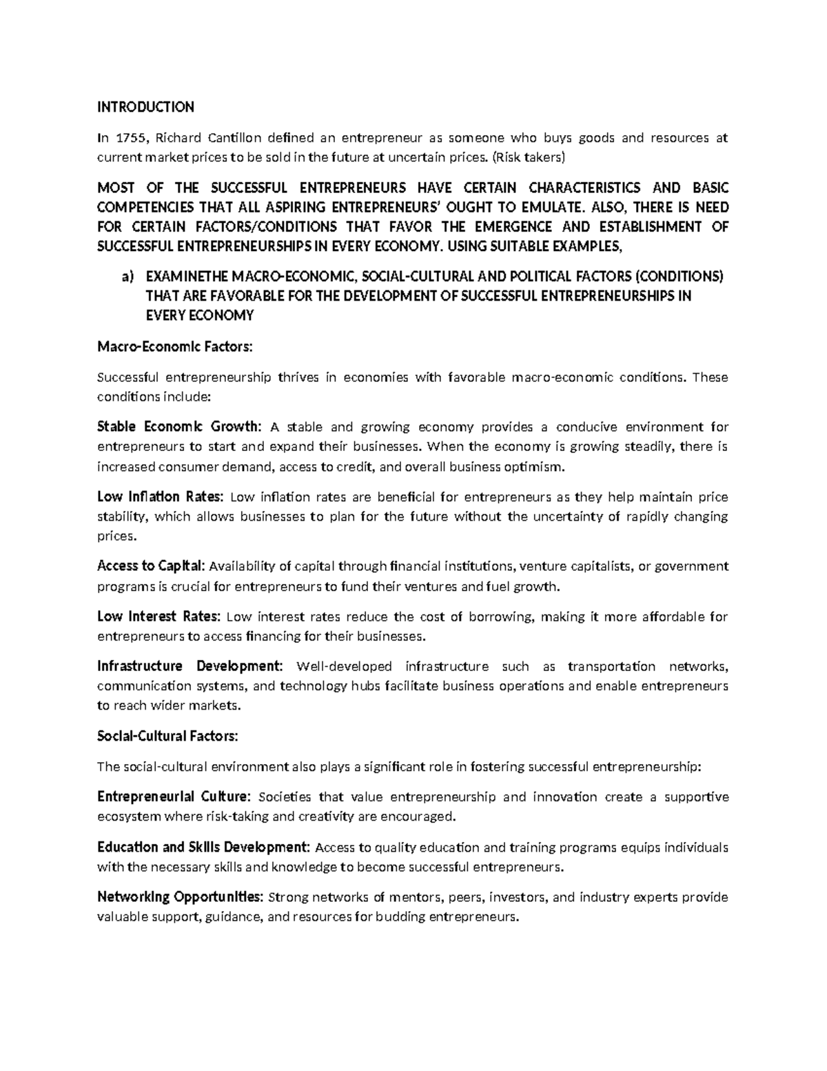 Entrepreneurship summery - INTRODUCTION In 1755, Richard Cantillon ...