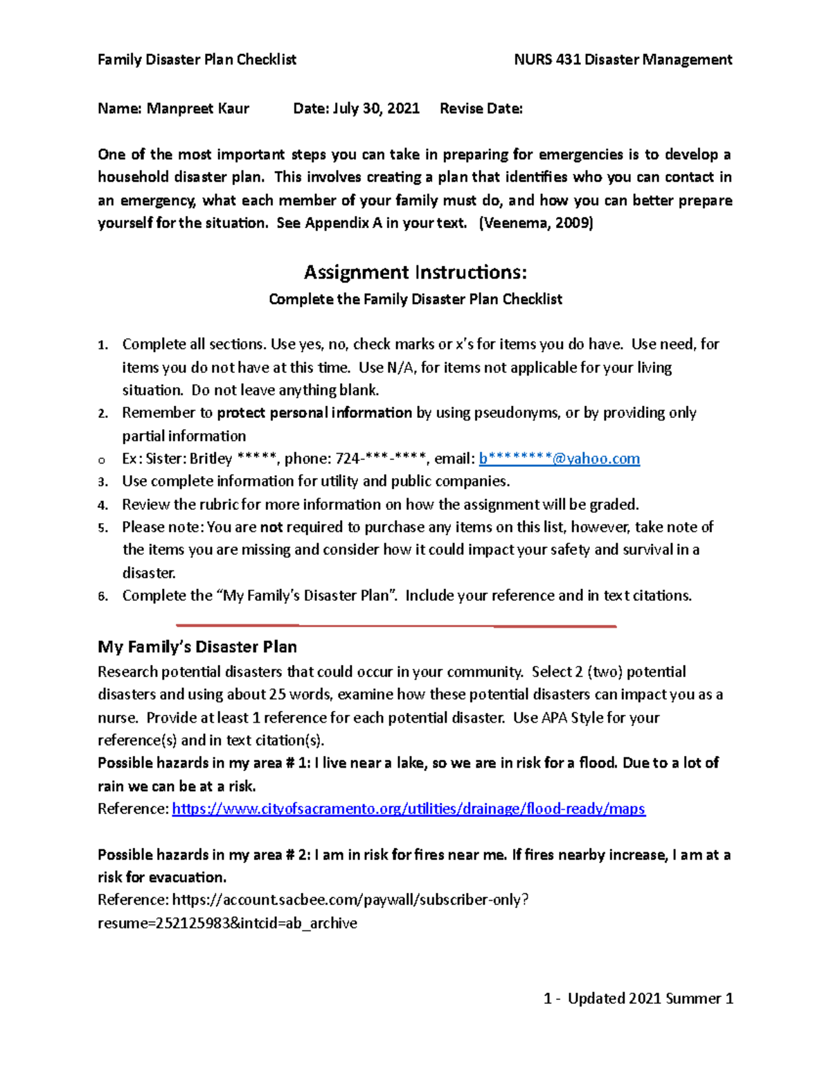 Family Disaster Plan Checklist - Name: Manpreet Kaur Date: July 30 ...