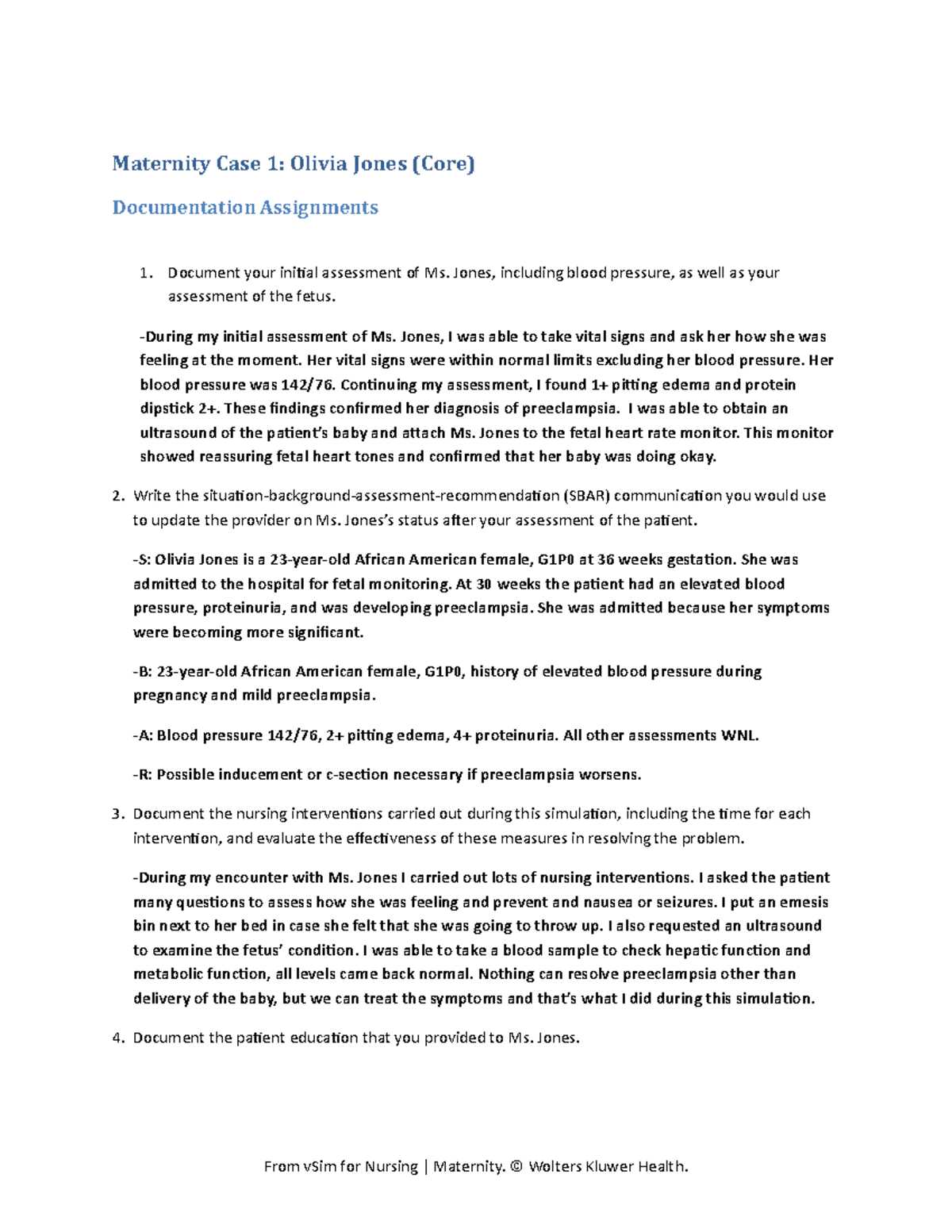 Olivia Jones V-sim Documentation - Maternity Case 1: Olivia Jones (Core ...