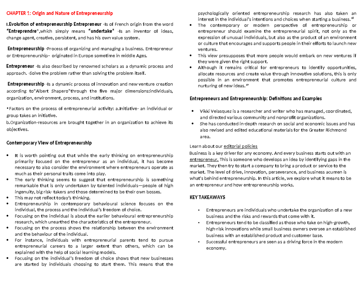 Entrep Reviewer - CHAPTER 1: Origin and Nature of Entrepreneurship I of ...