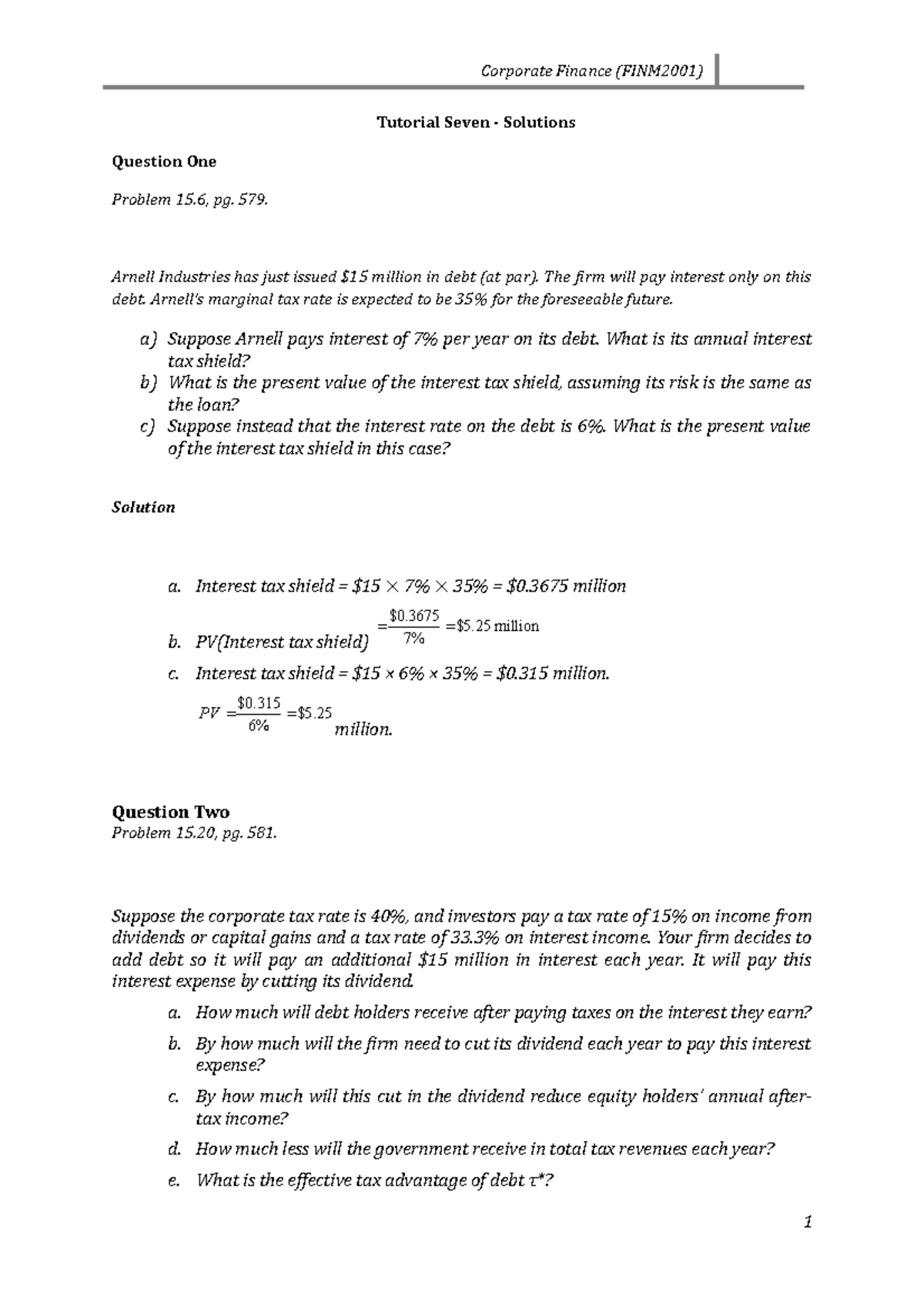 TQ7A - capital structure tax FD solution rev - Tutorial Seven ...