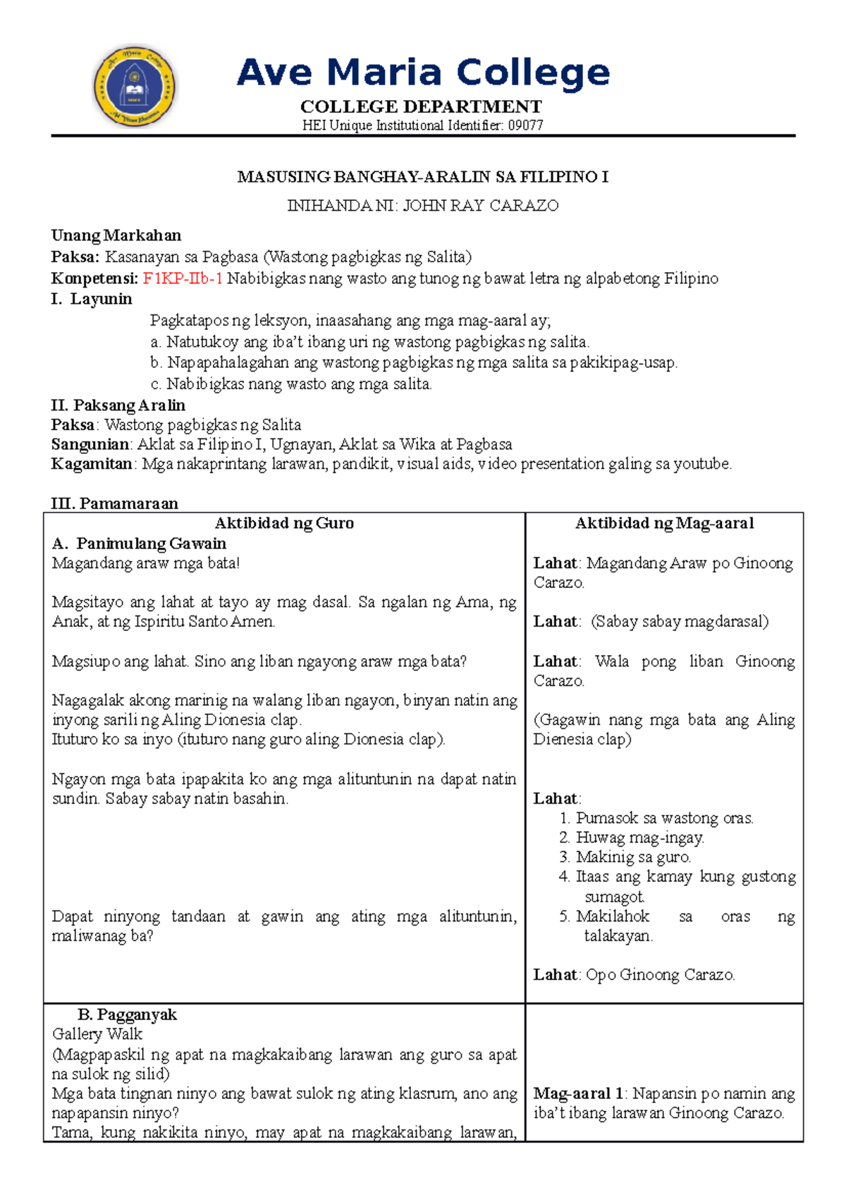 Grade 1 - lesson plan - Ave Maria College COLLEGE DEPARTMENT HEI Unique ...