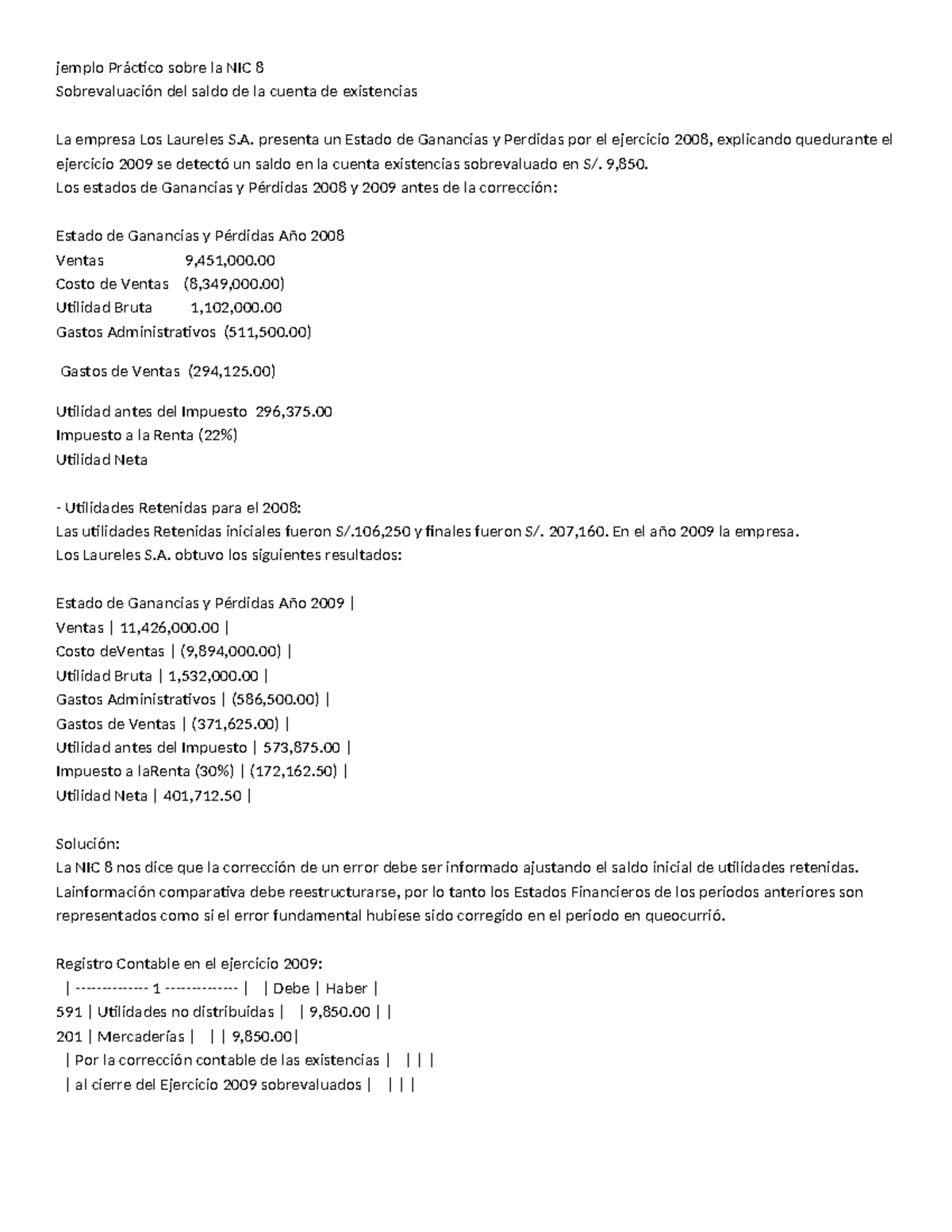 Ejemplo Práctico sobre la NIC 8 - jemplo Práctico sobre la NIC 8 Sobrevaluación del saldo de la ...
