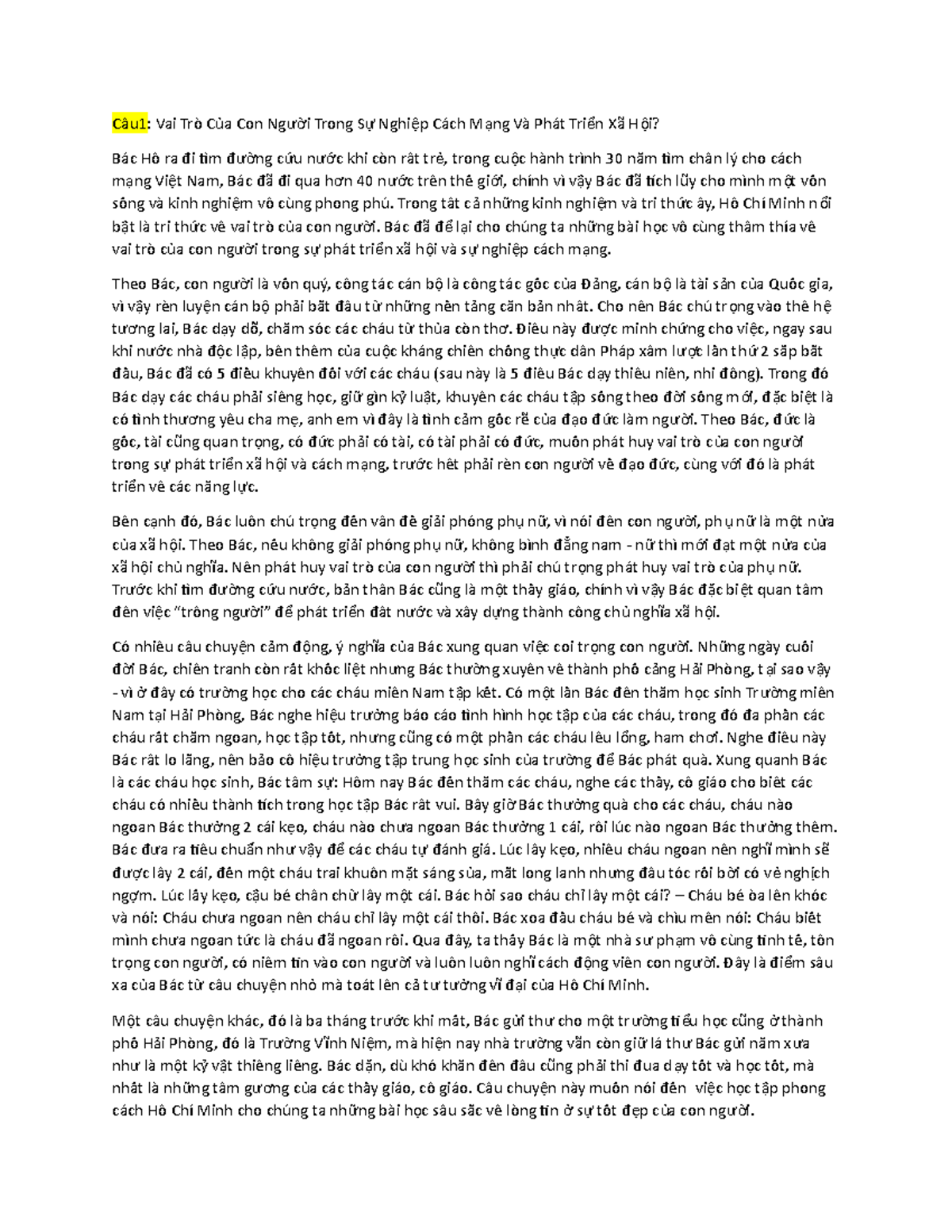 Câu hỏi triết - .... - Câu1: Vai Trò C a Con Ngủ ười Trong S ự Nghi p Cách M ng Và Phát Tri n Xã ...