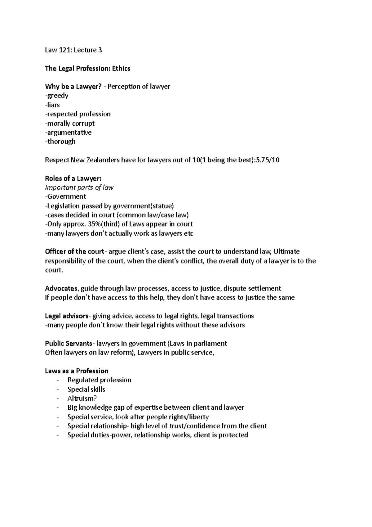 Law 121- Lecture 3 - Law 121: Lecture 3 The Legal Profession: Ethics ...