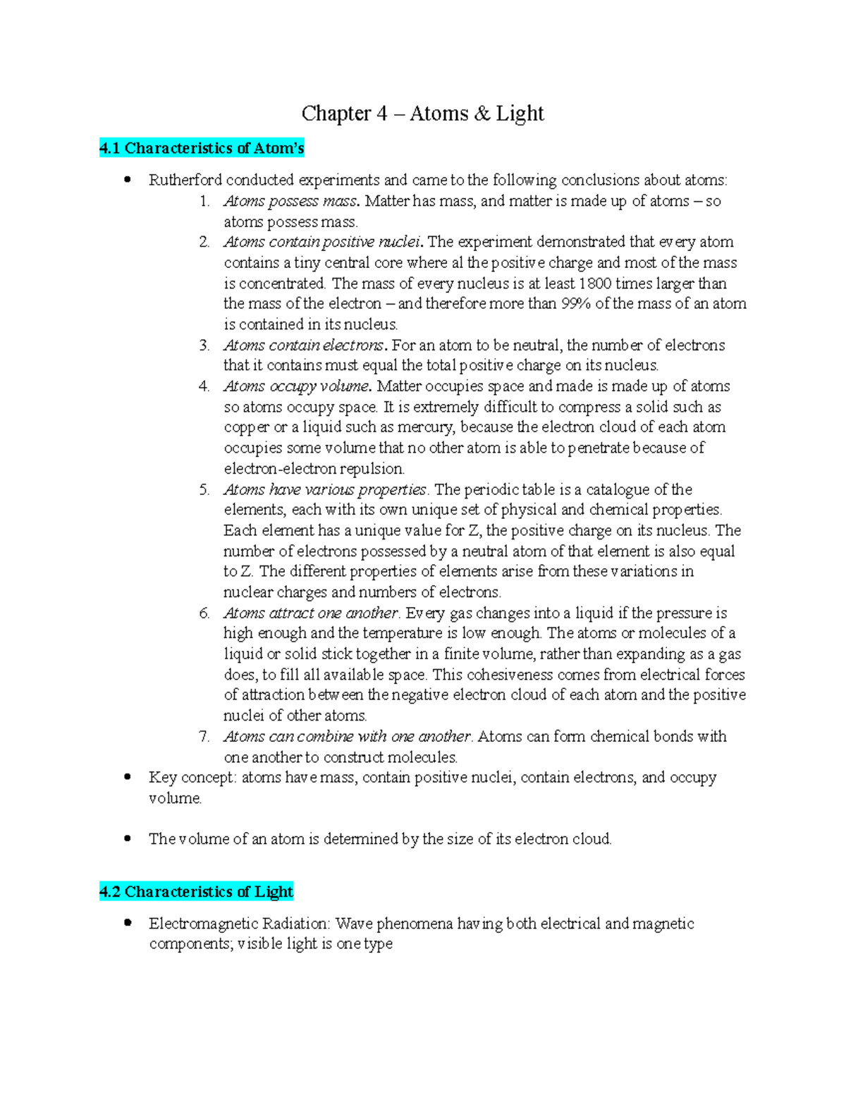 Chapter 4 Notes - ... - Chapter 4 – Atoms & Light 4 Characteristics of ...
