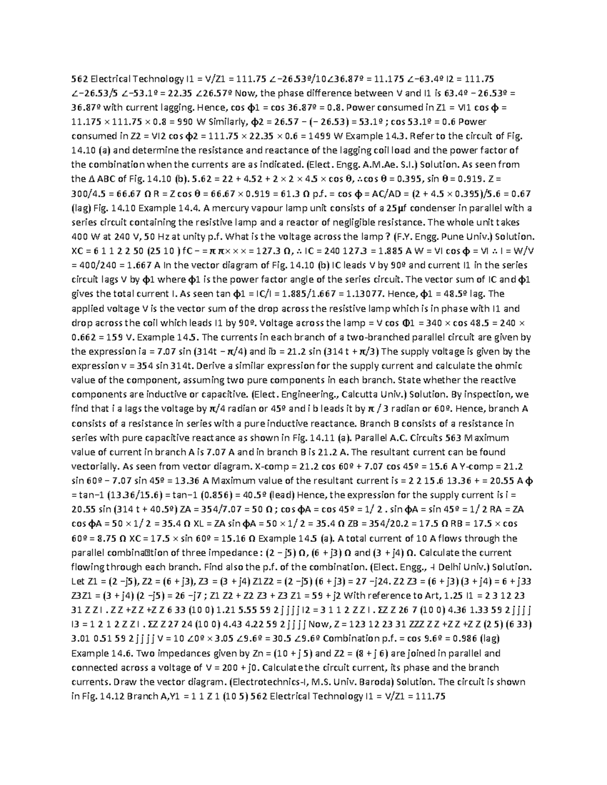 36 - afasf - 562 Electrical Technology I1 = V/Z1 = 111 ∠−26º/10∠36º ...