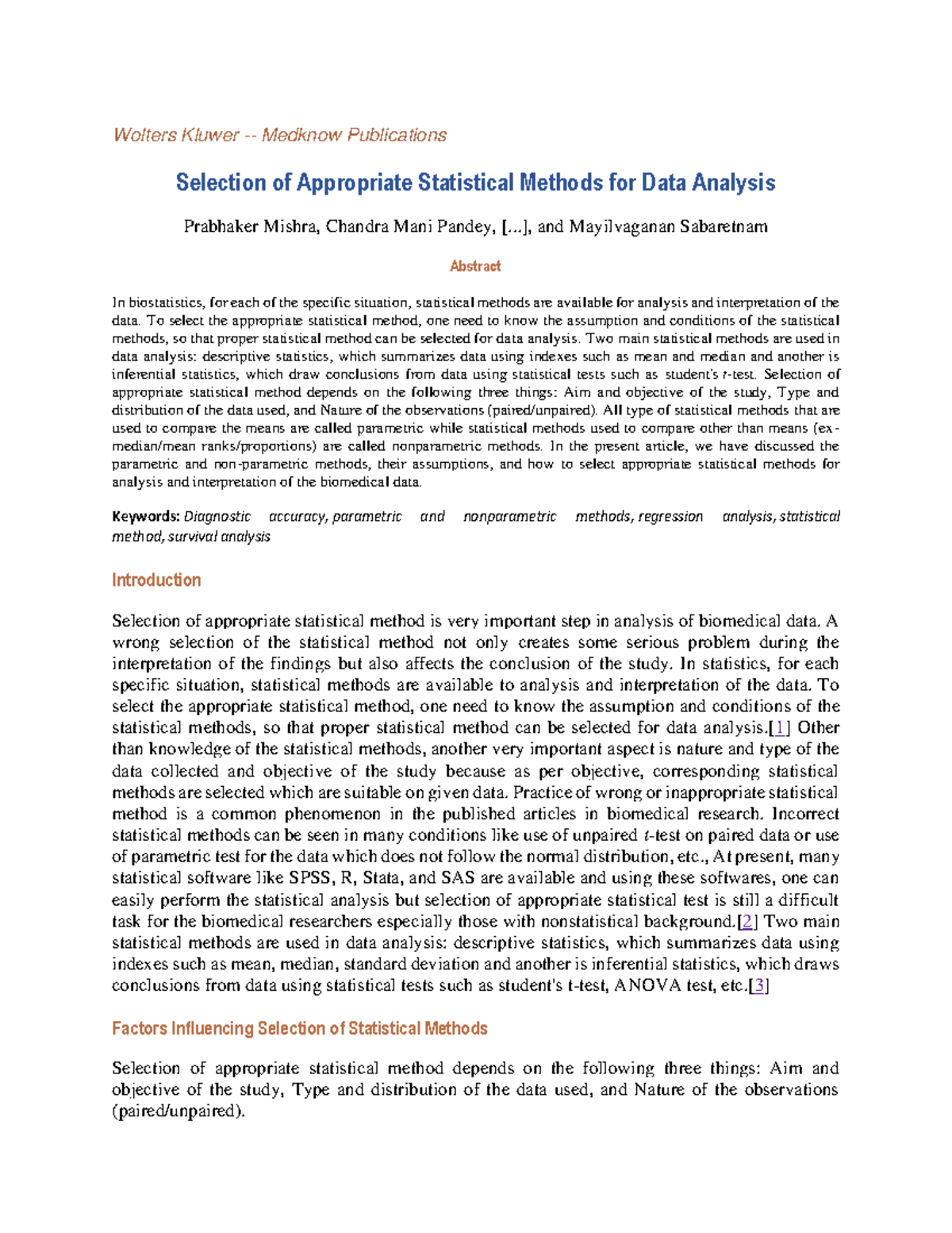 How to Select Statistical Tools - Wolters Kluwer - Medknow Publications ...