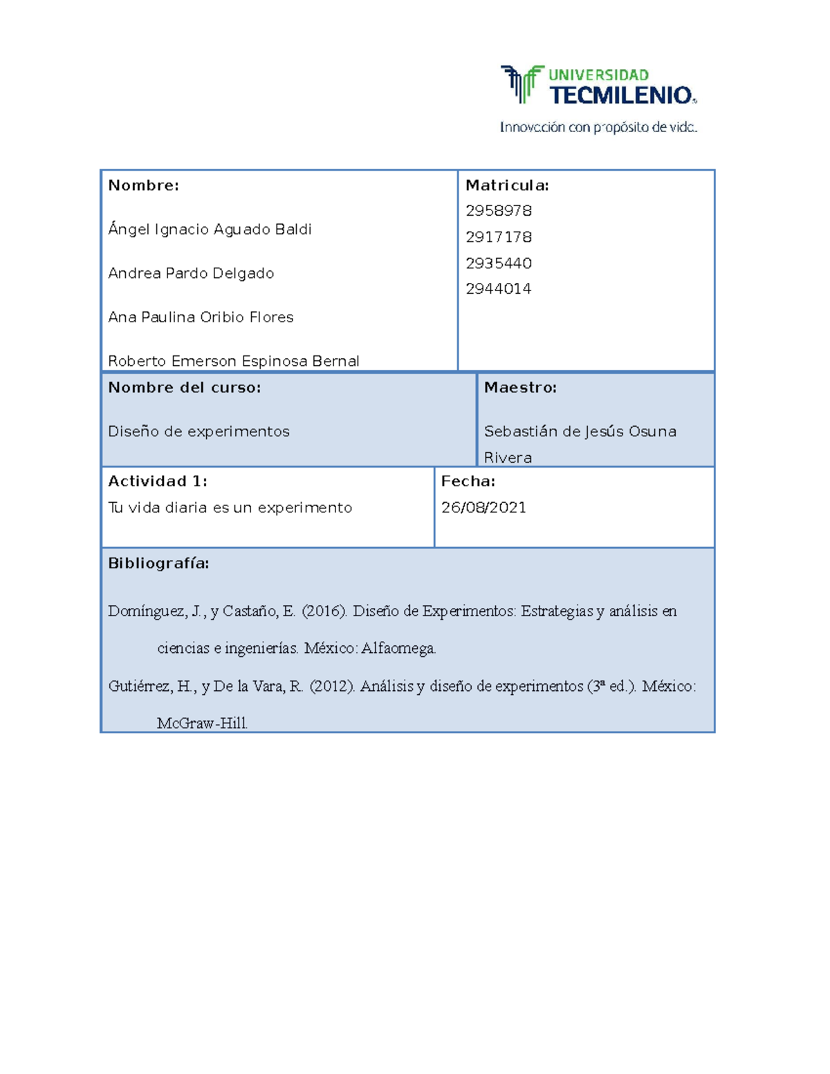 Actividad 1 DISEÑO DE EXPERIMENTOS - Nombre: Ángel Ignacio Aguado Baldi ...