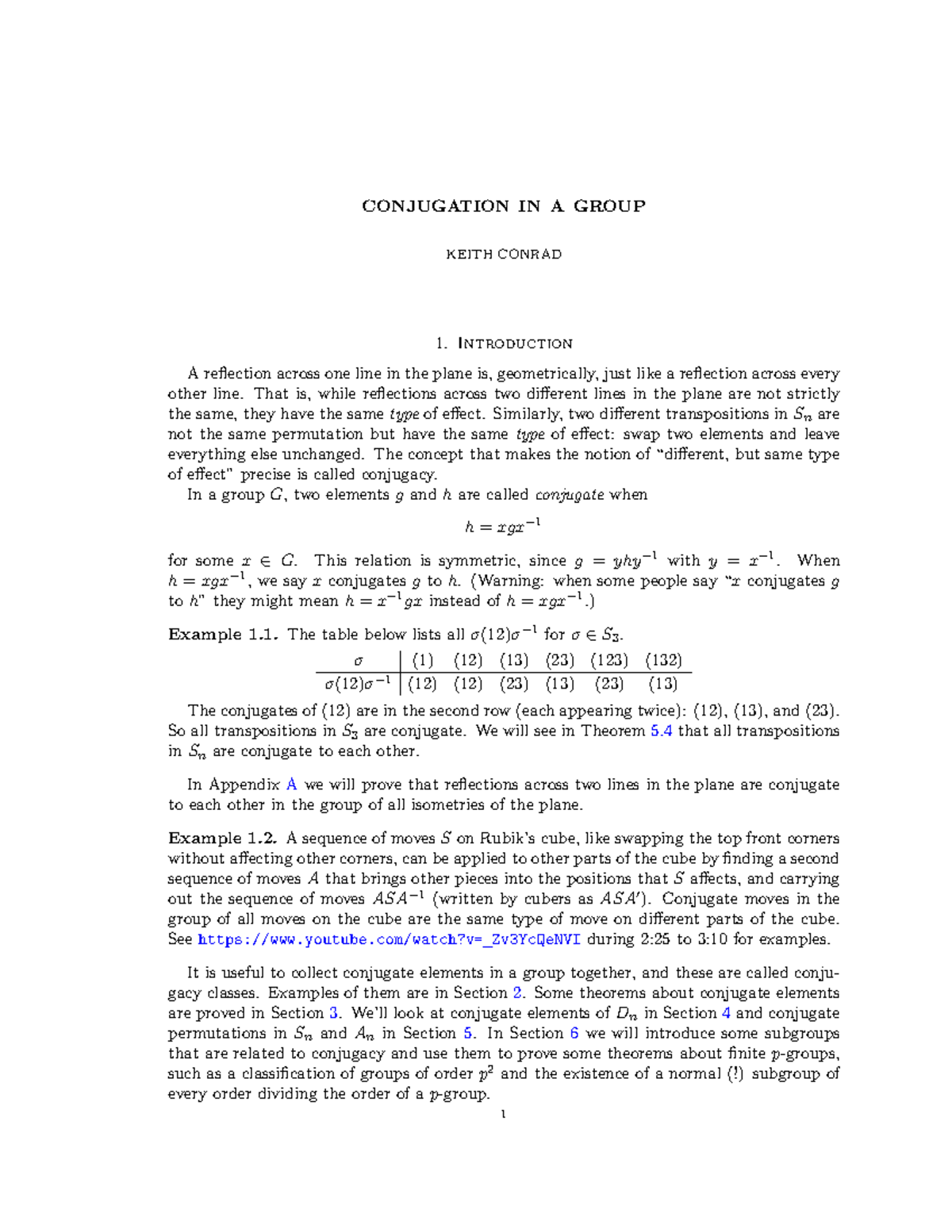 Conjclass - NOTES FOR COURSE - CONJUGATION IN A GROUP KEITH CONRAD ...