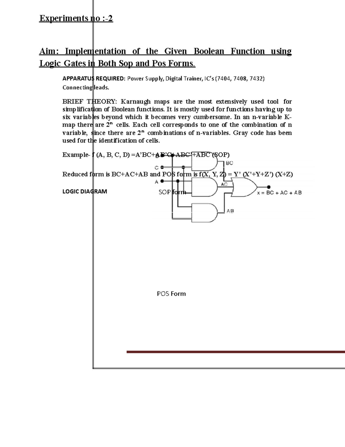 Digital Electronics lab manual - Experiments no :- Aim: Implementation of the Given Boolean ...