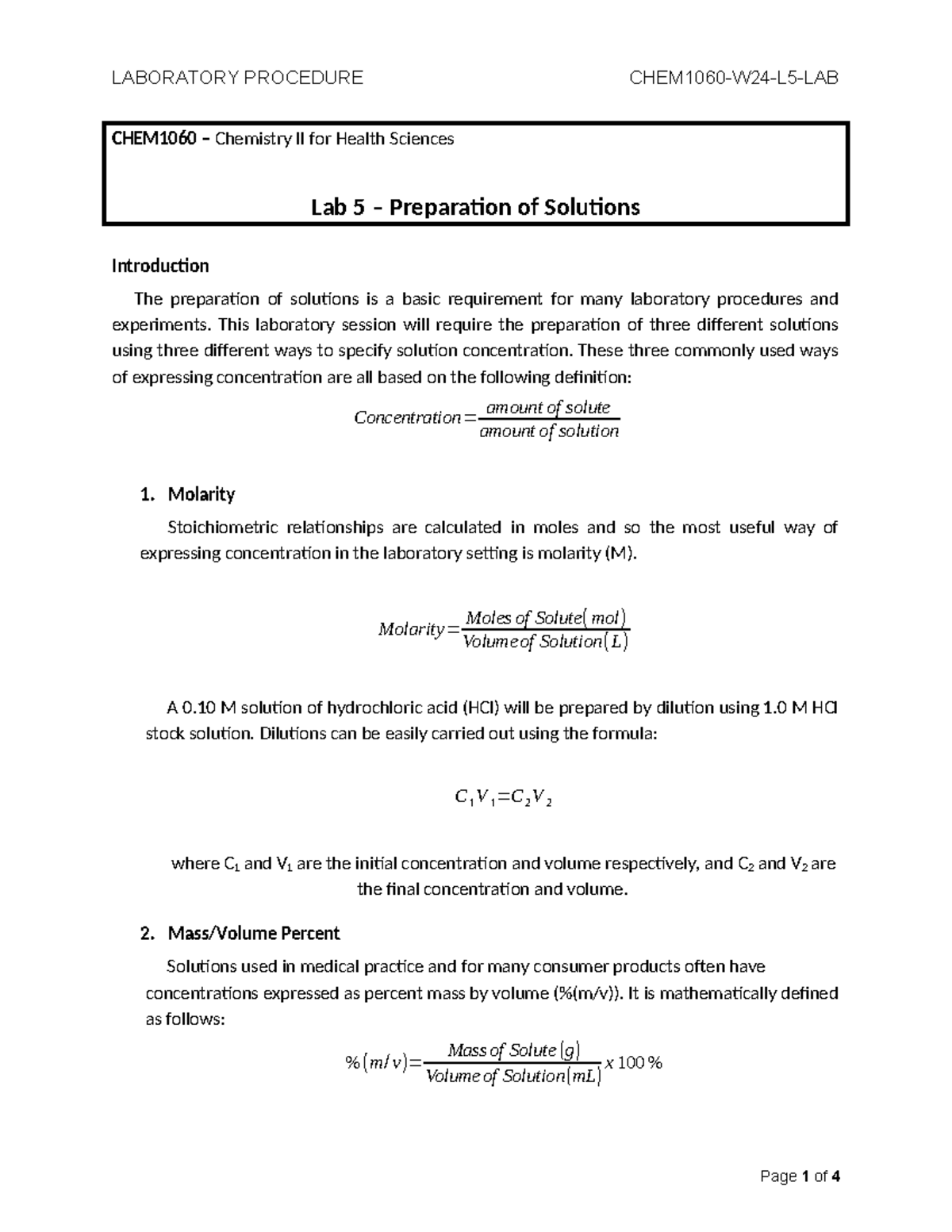 5 LAB - L5 - Preparation of Solutions 1 - CHEM1060 – Chemistry II for Health Sciences Lab 5 ...