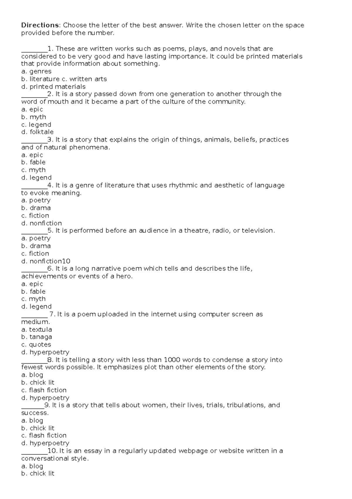 Literary 3 - Directions: Choose the letter of the best answer. Write ...