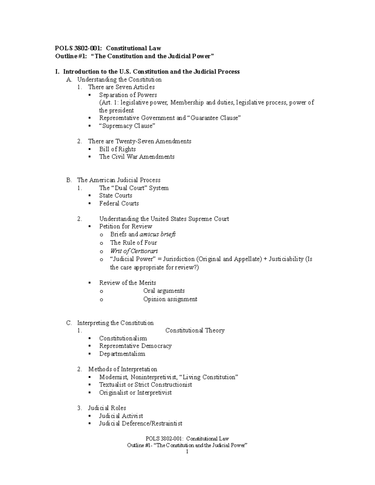 Outline #1- The Constitution and the Judicial Power(1)(1) - POLS 3802 ...