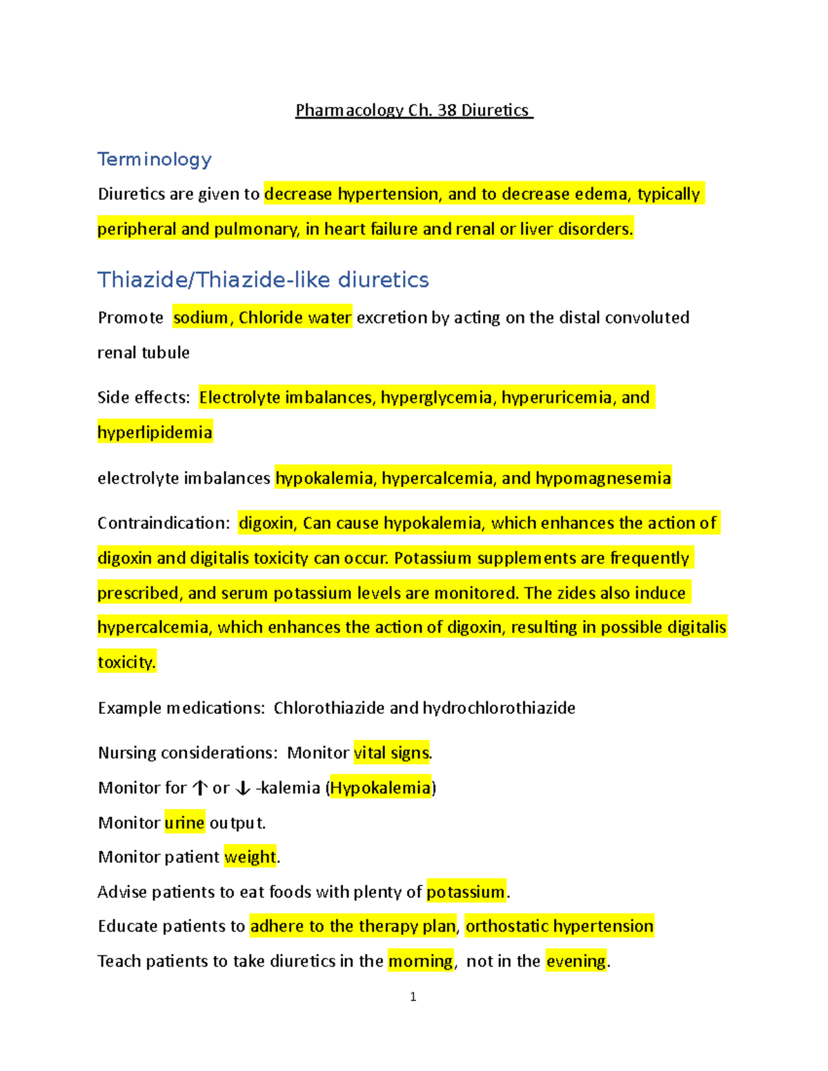Ch. 38 worksheet - n/a - Pharmacology Ch. 38 Diuretics Terminology ...