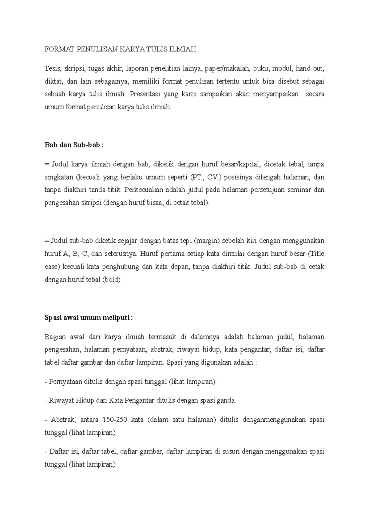 Format Penulisan Karya Tulis Ilmiah - FORMAT PENULISAN KARYA TULIS ...