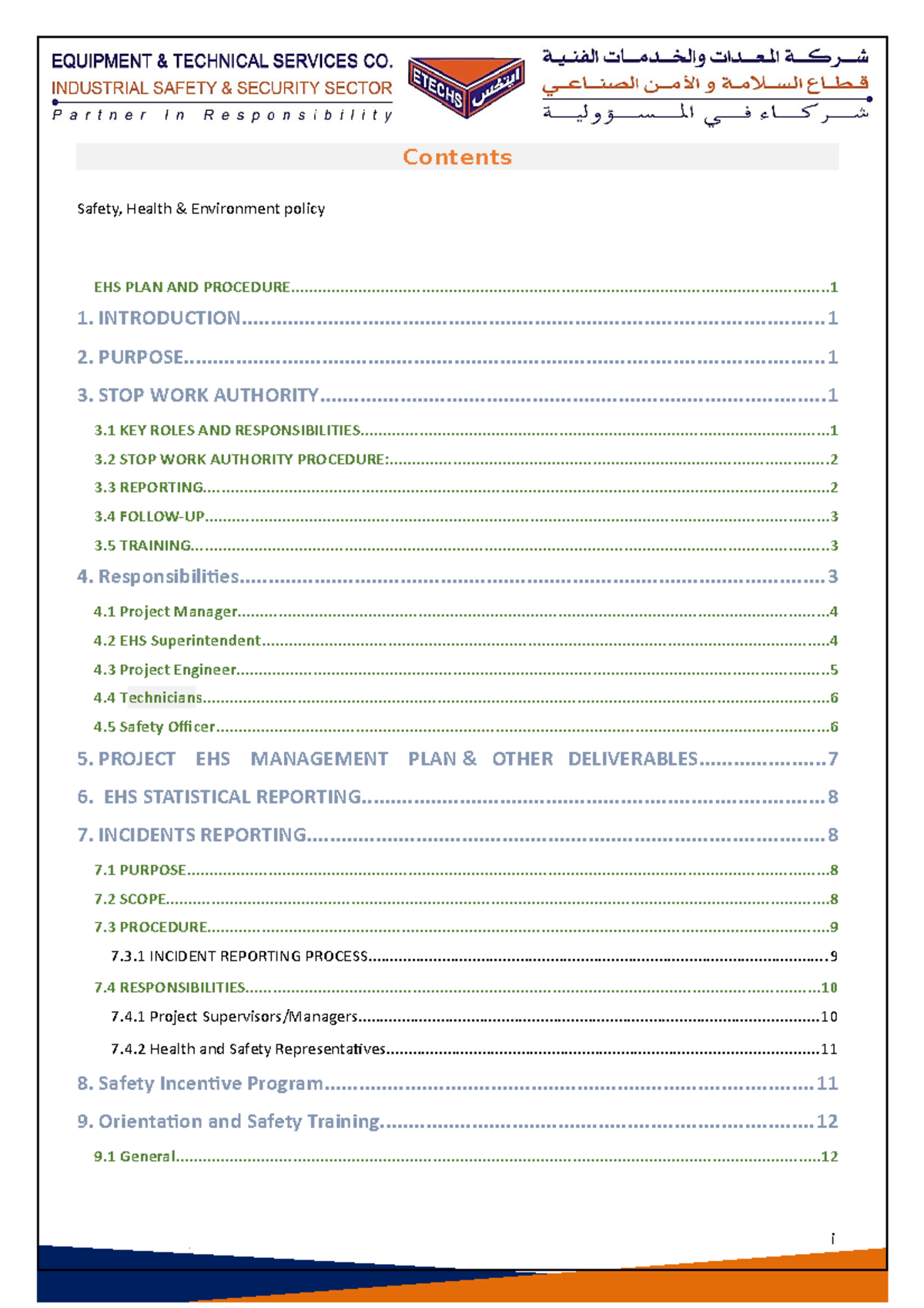 EHS Plan - EHS Plan from Safety Department. - Contents EHS PLAN AND ...