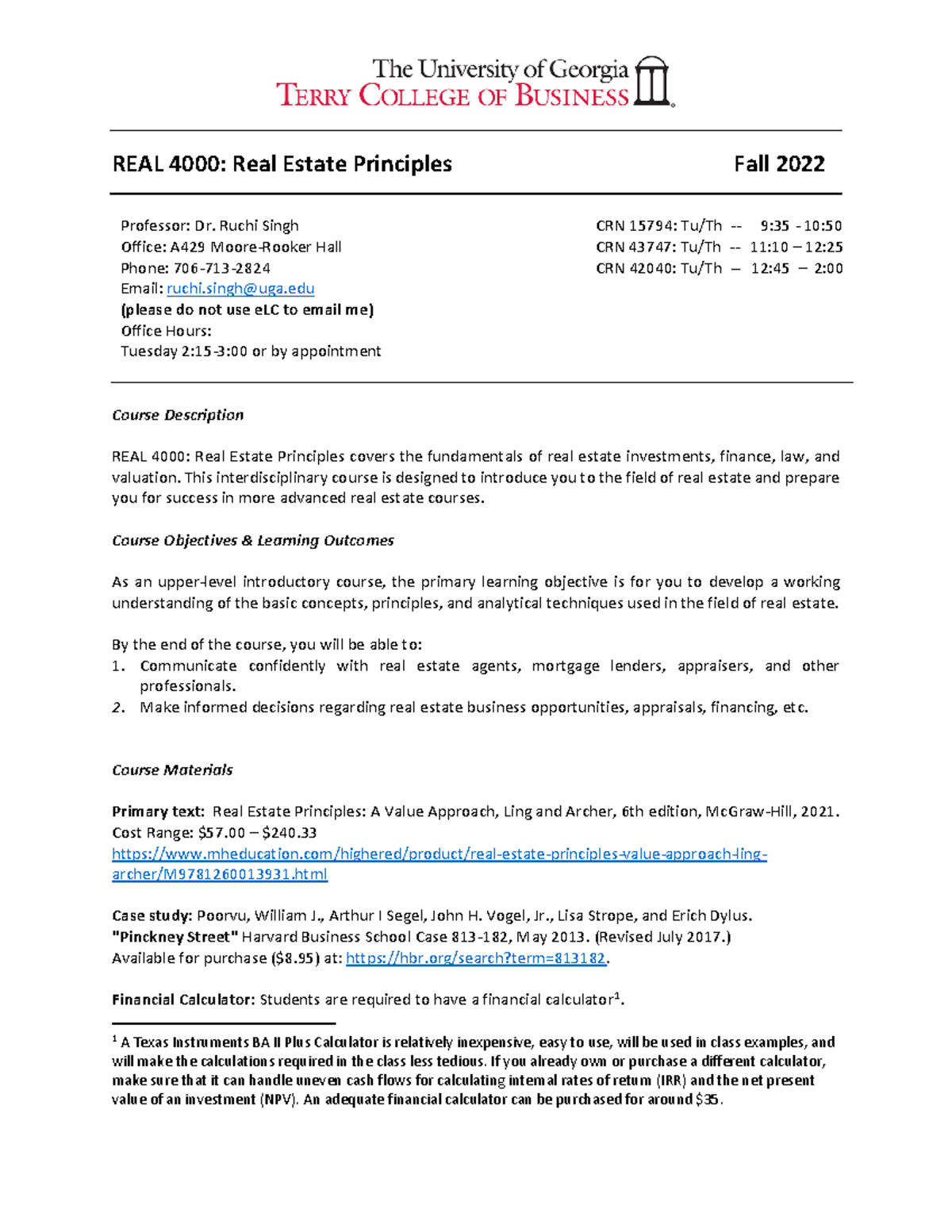 REAL syllabus Fall 2022 - REAL 4000: Real Estate Principles Fall 2022 ...